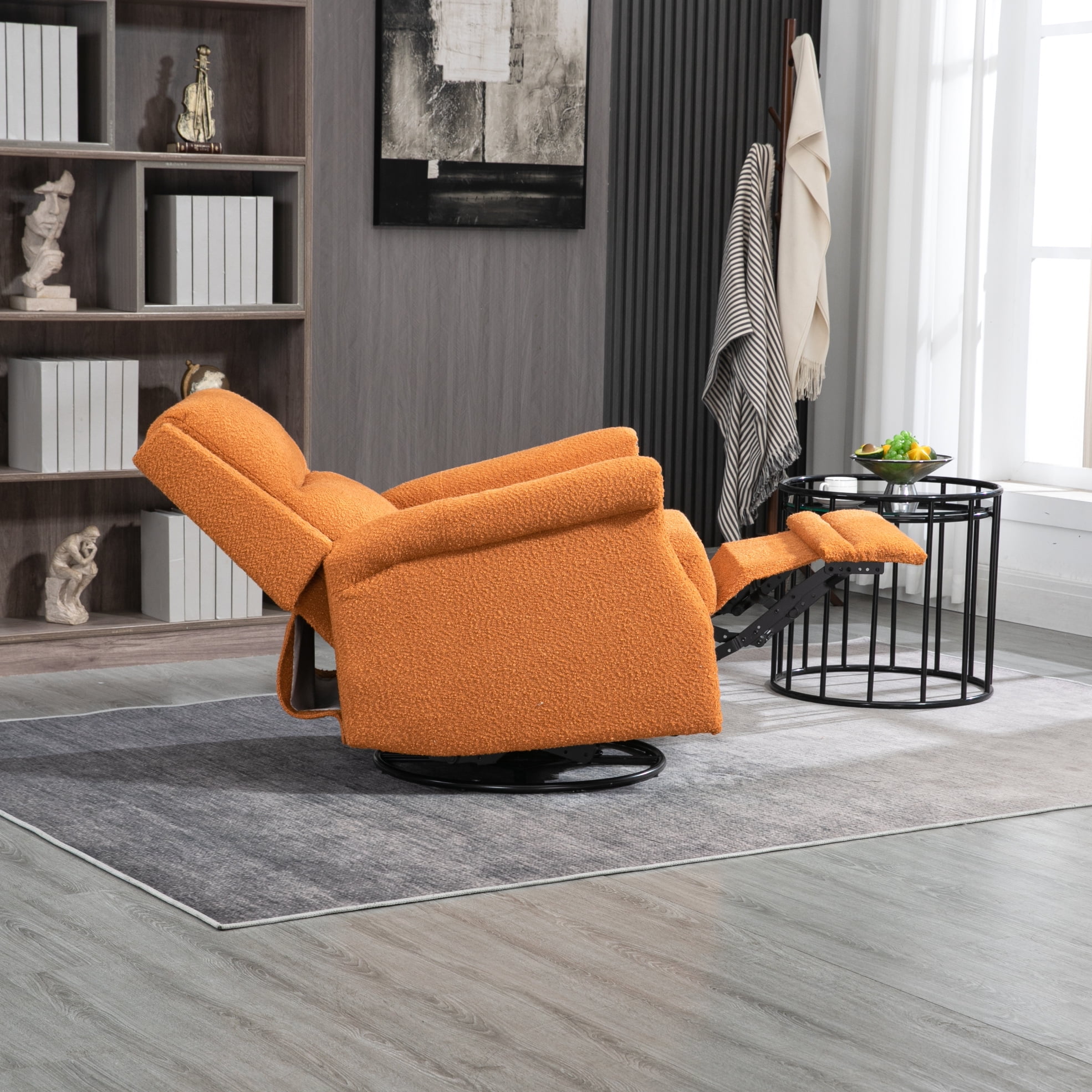 Orange Swivel Rocker Recliner Chair, Boucle Fabric, Manual with Metal ...