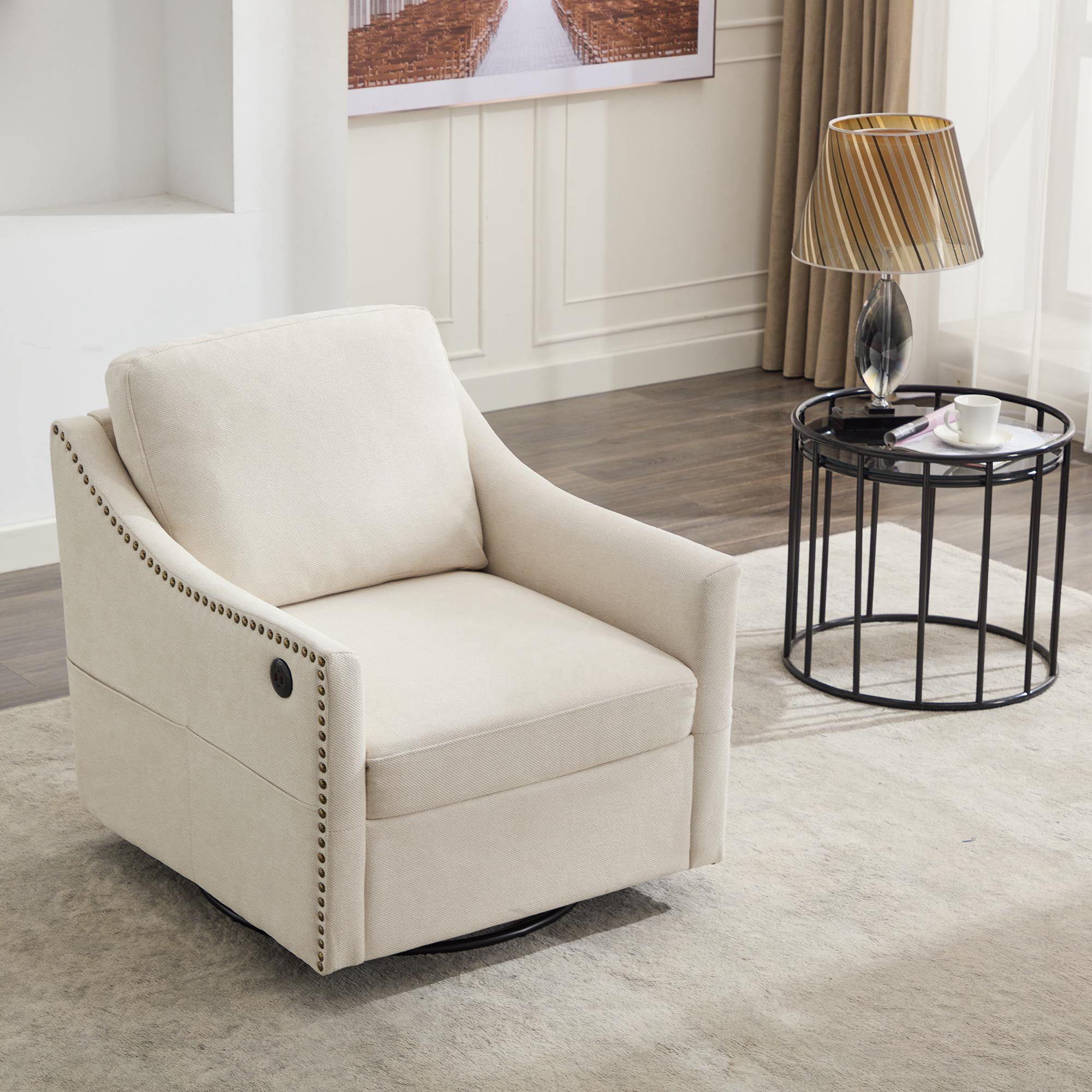 Swivel Rotating Accent Chair Usb & Magazine Storage Wood & Fabric ...