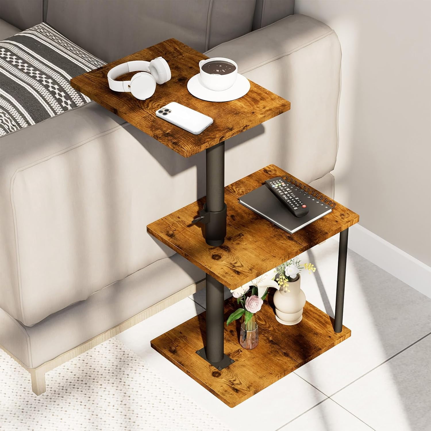 Swivel Side Table for Couch Arm, Height Adjustable C Shaped End Table ...
