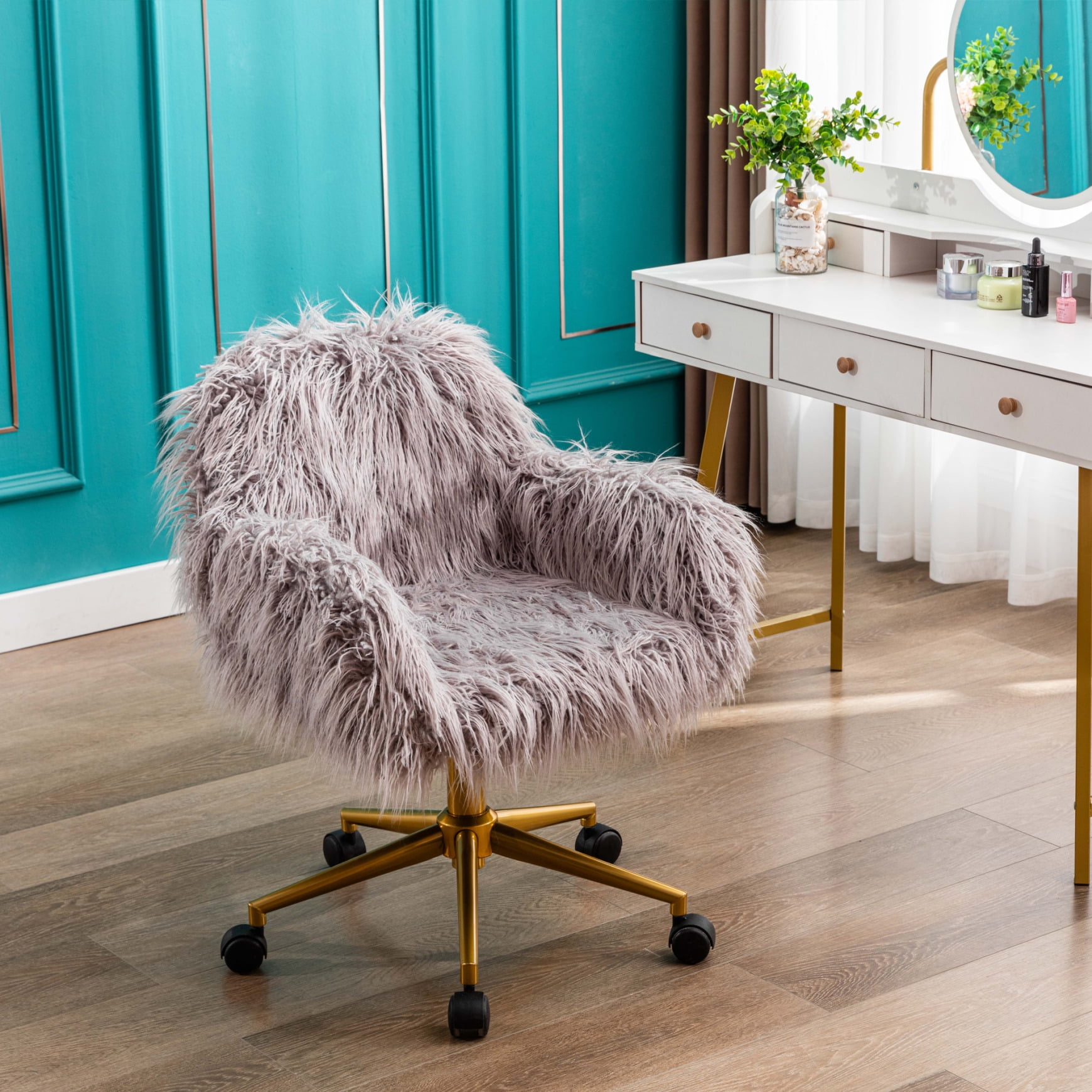 Swivel Small Home Office Desk chairs Modern Faux Fur Swivel Arm Chair with High Adjustable Upholstered Comfy Cute Fluffy Desk Chair Makeup Vanity Chair for Bedroom Living Room Studio Gray Walmart Busi...