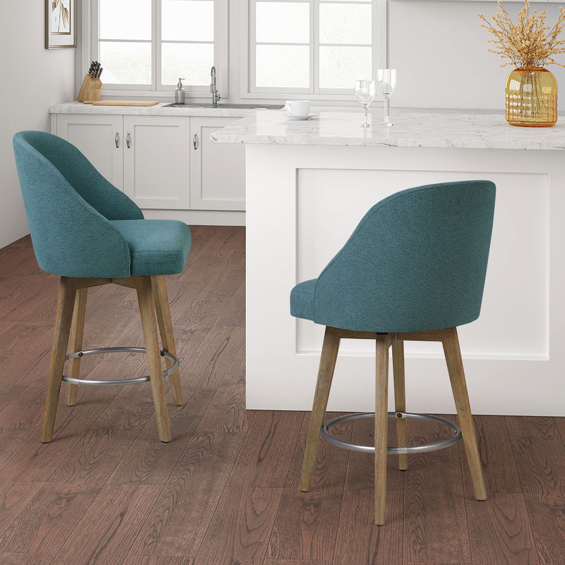 Swivel Stool, 25.75" Seat Height, Solid Wood Legs, Blue , Metal ...