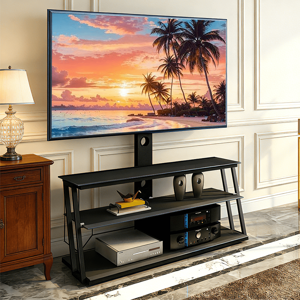 Swivel TV Stand with 3-Tier Glass Shelves, Height Adjustable Floor TV ...