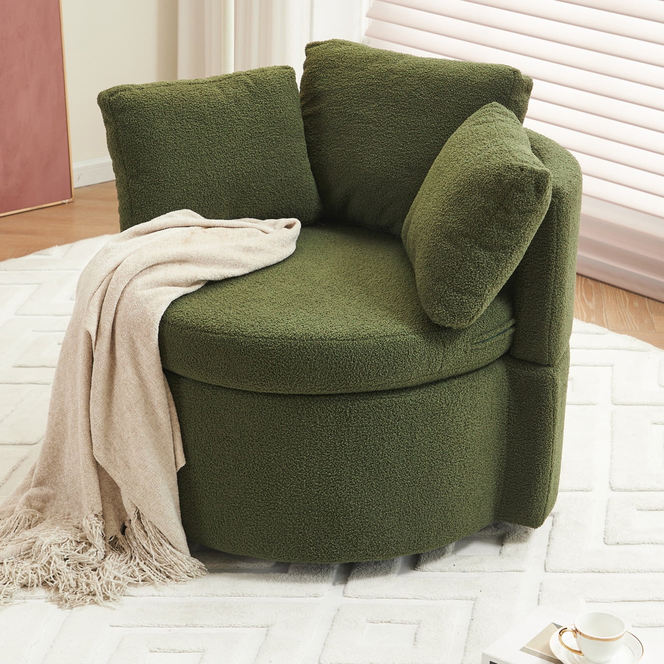 Swivel Upholstered Accent Chair, Round Storage Armchair with 3 Throw ...