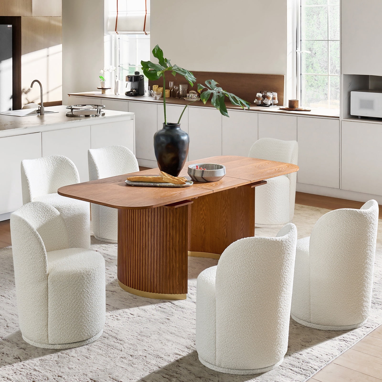 Swivel Upholstered Dining Chairs Set of 6 Kitchen Boucle Barrel Chairs ...