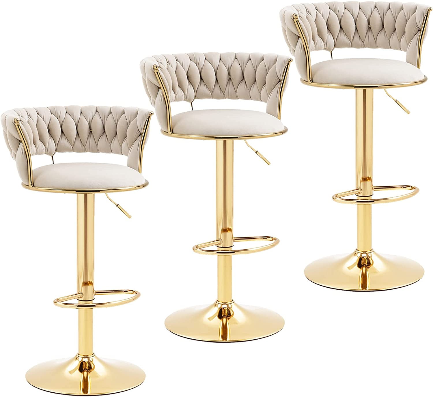Swivel Velvet Bar Stools Set of 3, Adjustable Counter Height Barstools ...