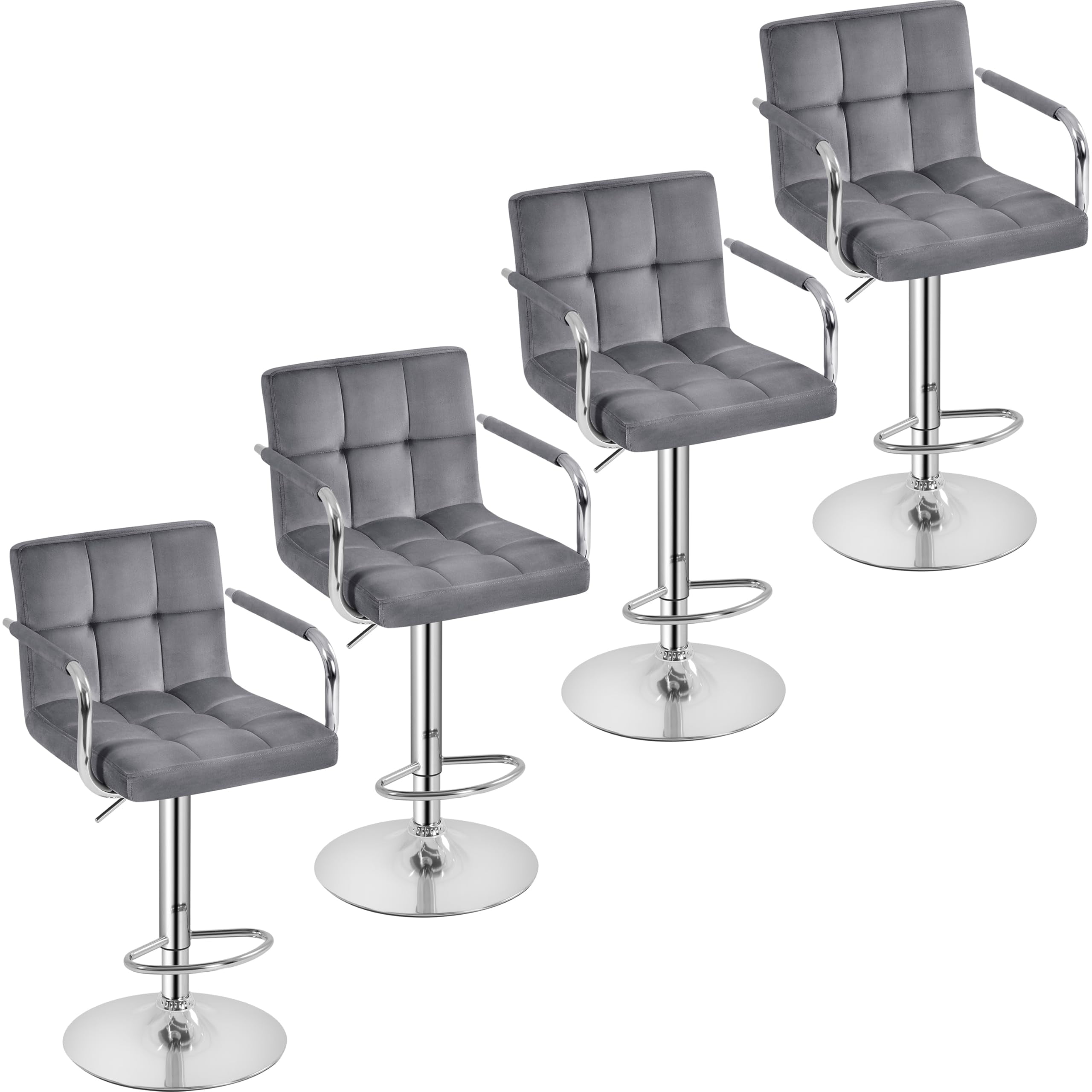 Swivel Velvet Bar Stools Set of 4, Adjustable Height with Armrests ...