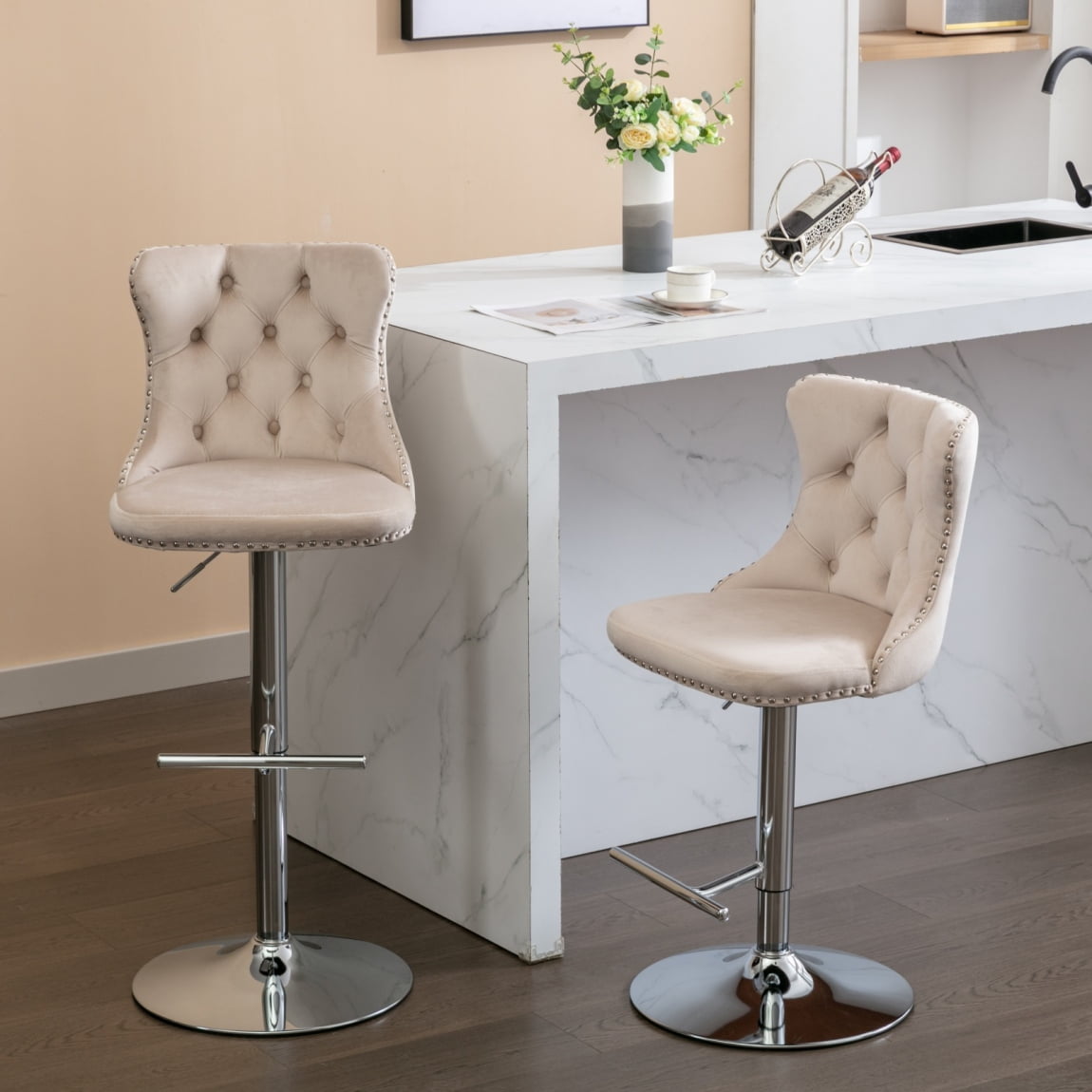 Swivel Velvet Barstools Set of 2 with Nail Head Edges Design ...