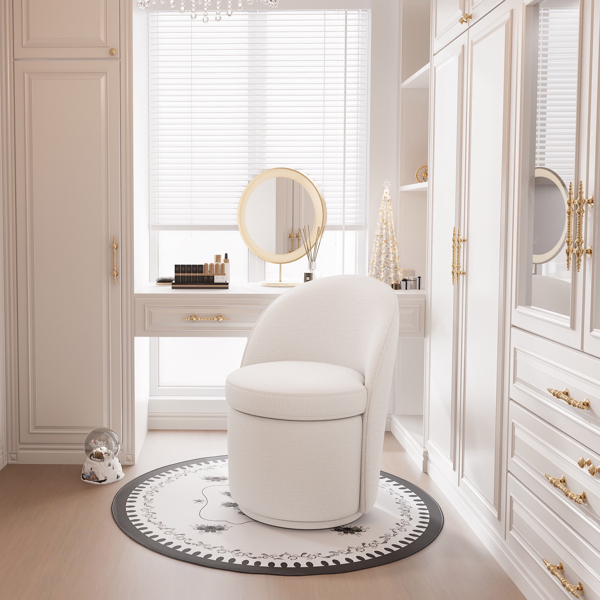 YOUNIKE Swivel Wingback Vanity Stool, Upholstered Accent Stool, Boucle ...