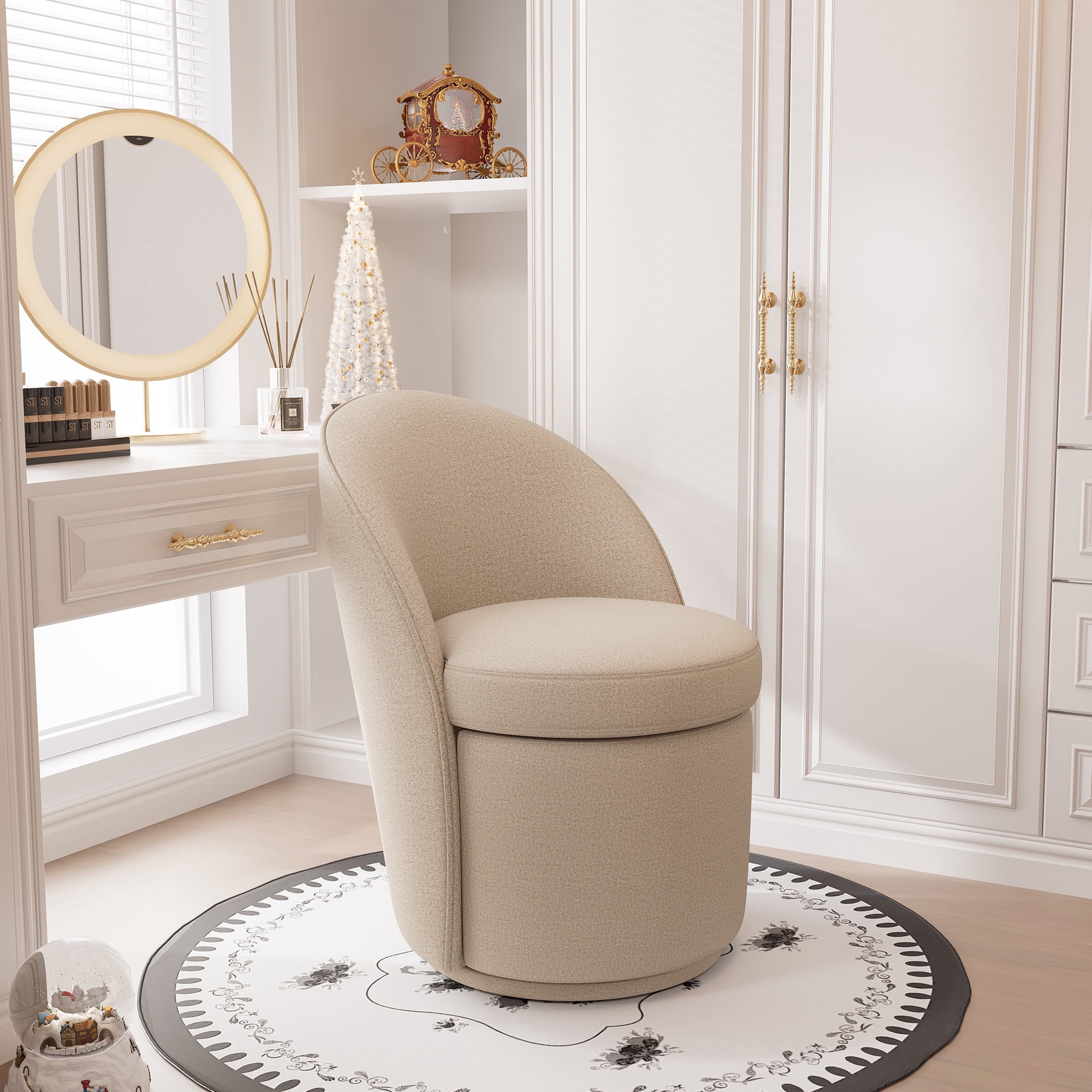 YOUNIKE Swivel Wingback Vanity Stool, Upholstered Accent Stool, Boucle ...