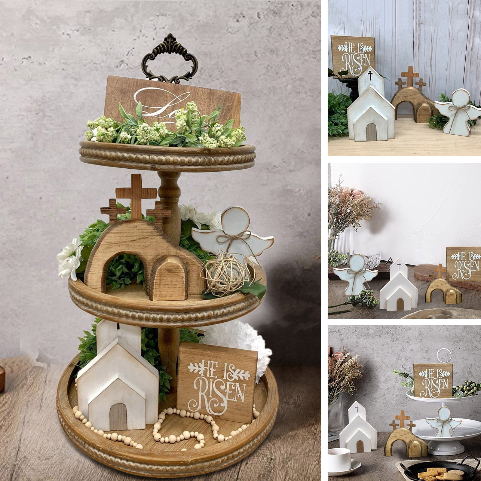 SwoHaoen Farmhouse Easter Tiered Tray Decor - 4PC Wooden Jesus Tomb, He ...