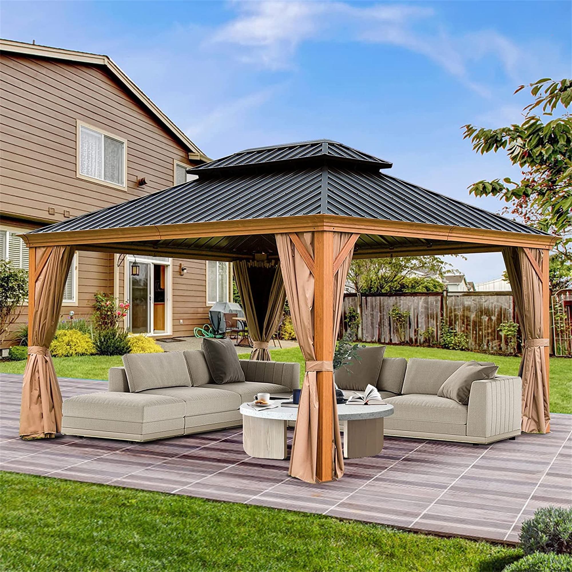 Swonuk 12'x14' Hardtop Gazebo, Wooden Coated Aluminum Frame Gazebo with ...