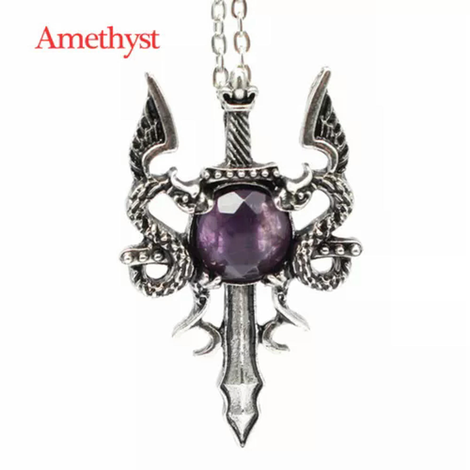 Sword Wing Double Dragon Necklace Crystal Pendant & Chain Amulet Gifts ...