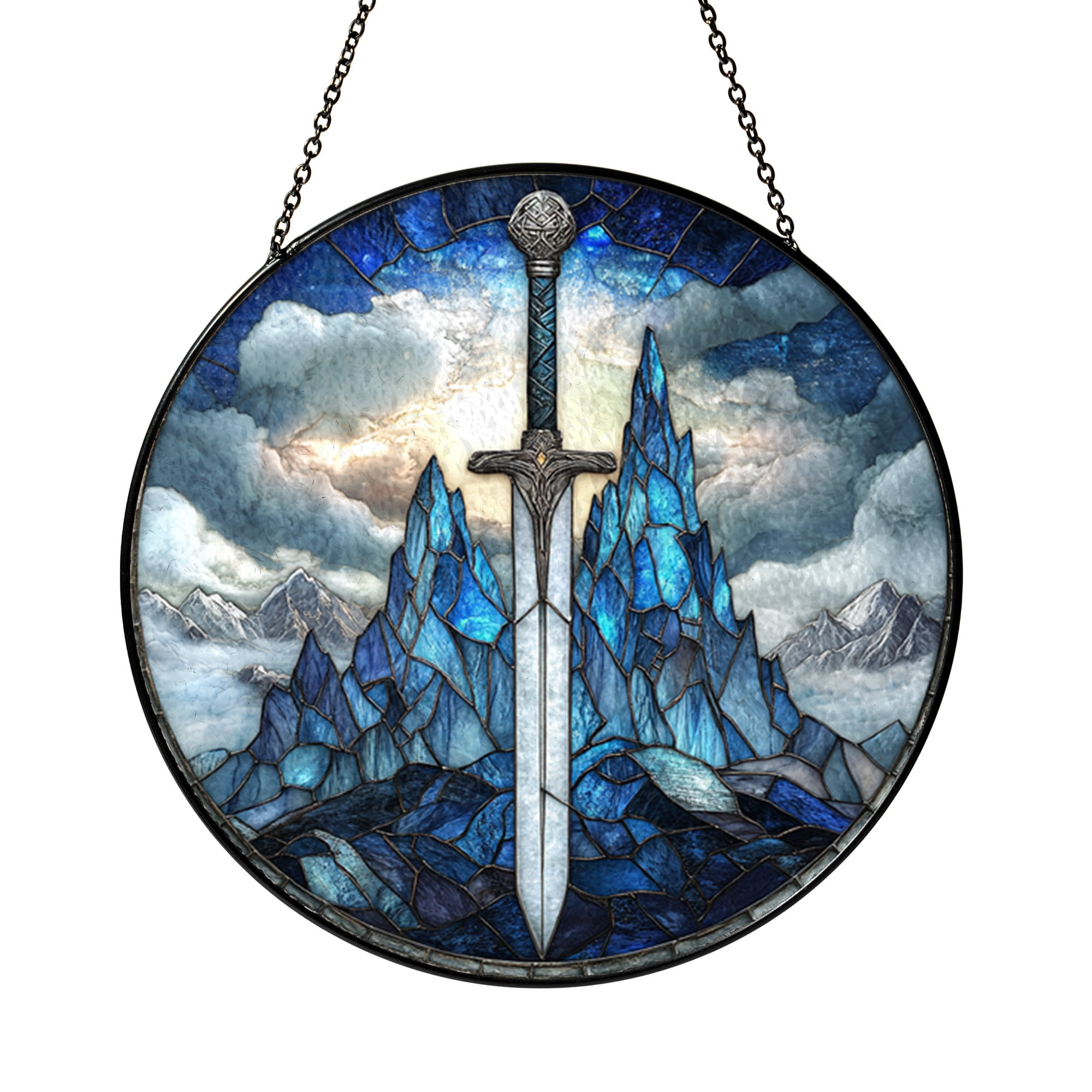 Sword in Mountain Stained Glass Round Suncatcher – Fantasy Glass Art ...
