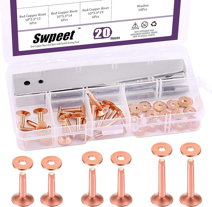 Swpeet 38Pcs 3 Sizes Copper Rivet and Burrs Assortment Kit, Including ...