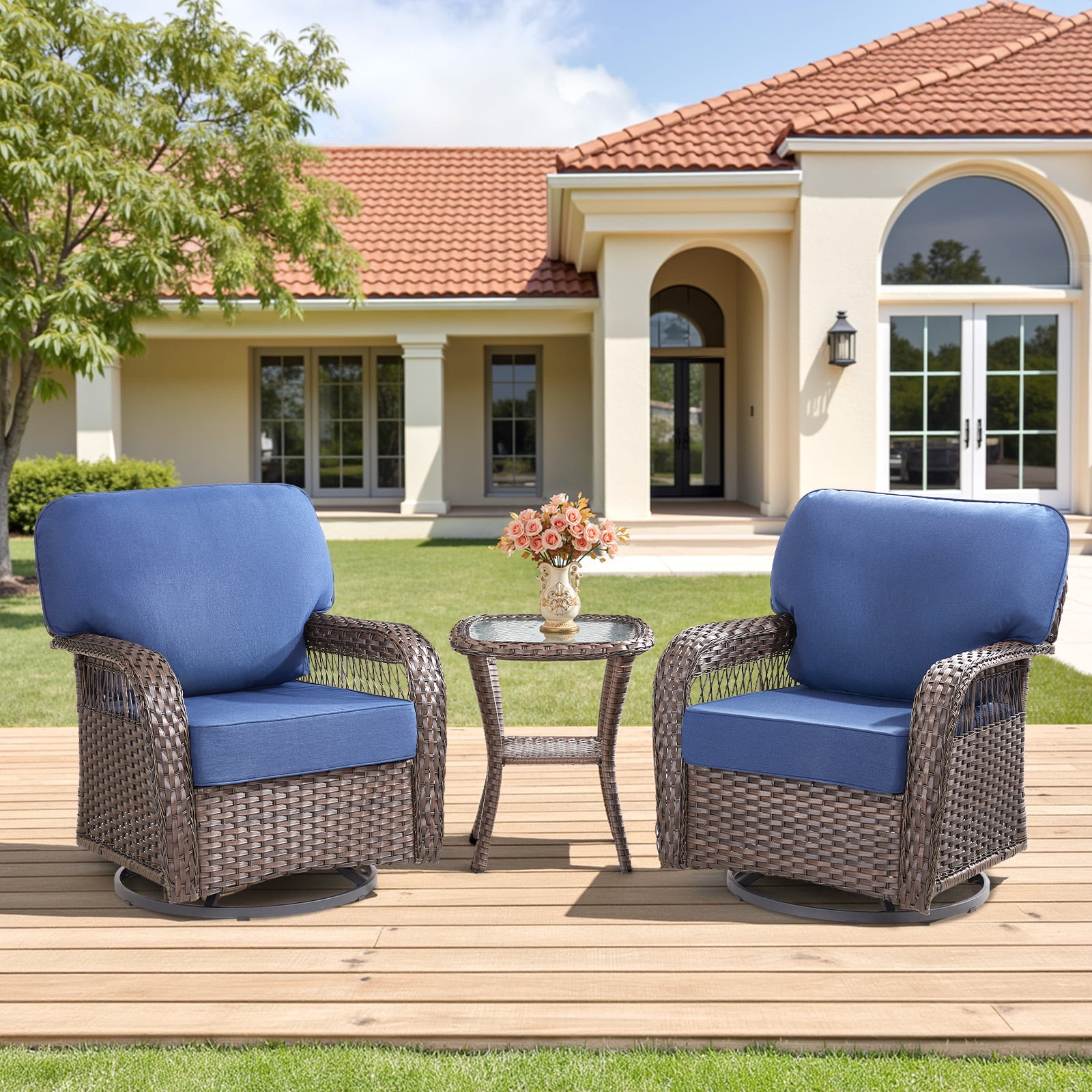 Swpormundo 3 Pieces Outdoor Swivel Chair, Wicker Patio Bistro Set with ...