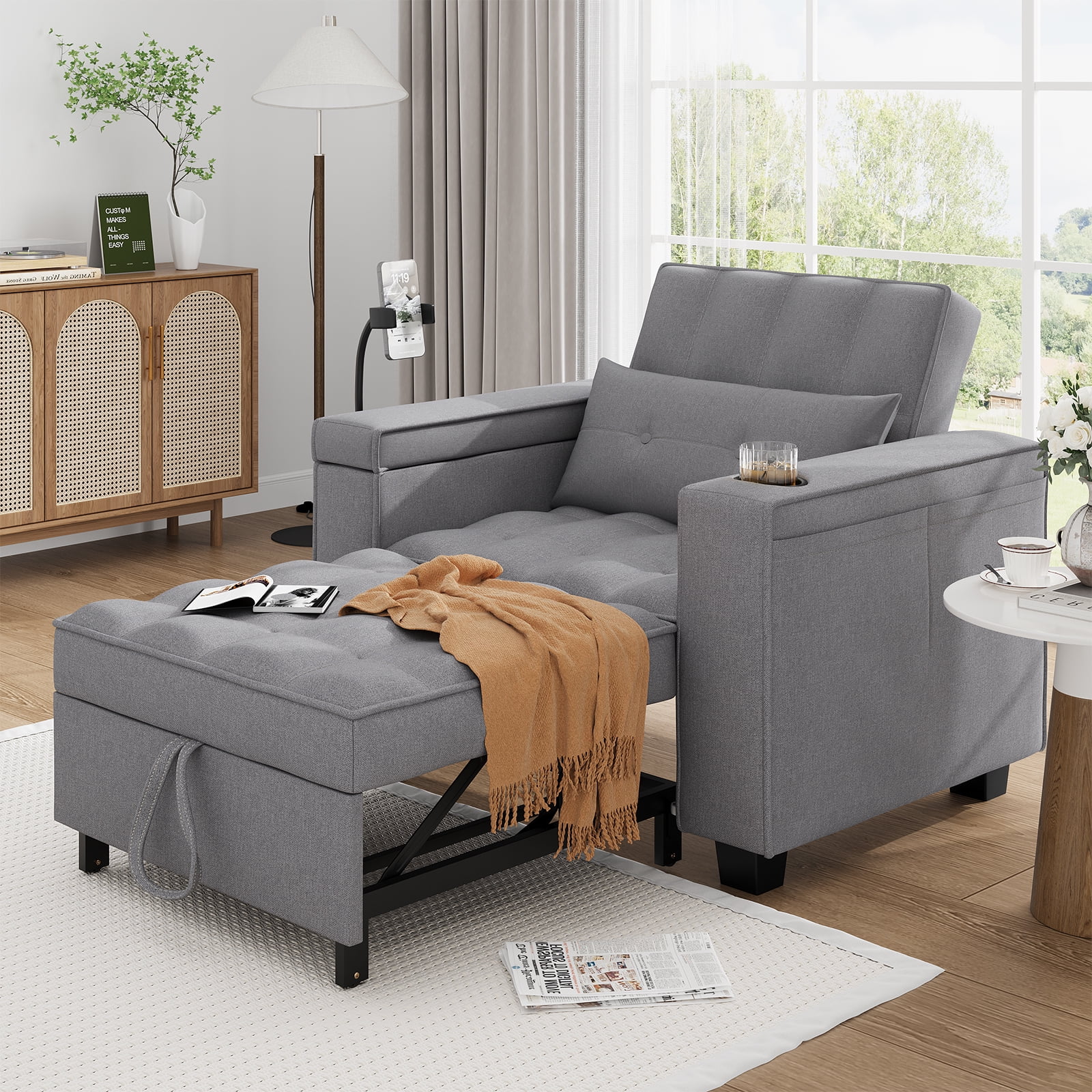 Swpormundo 3-in-1 Convertible Futon Sofa Bed Chair, Multi-Functional Sleeper Chair Bed with Pull ...