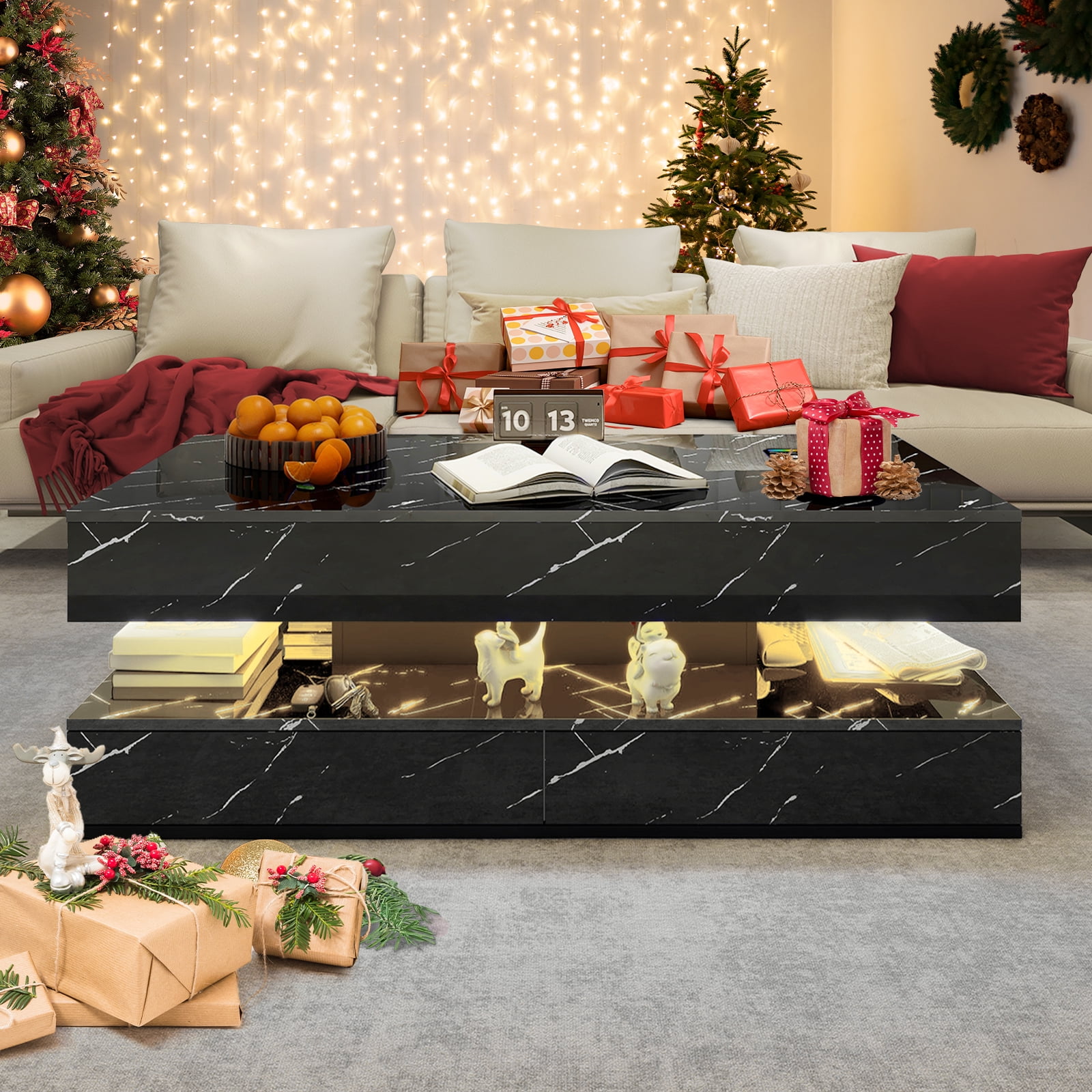 Swpormundo 47inch Large High-Glossy LED Coffee Table with 2 Sliding ...
