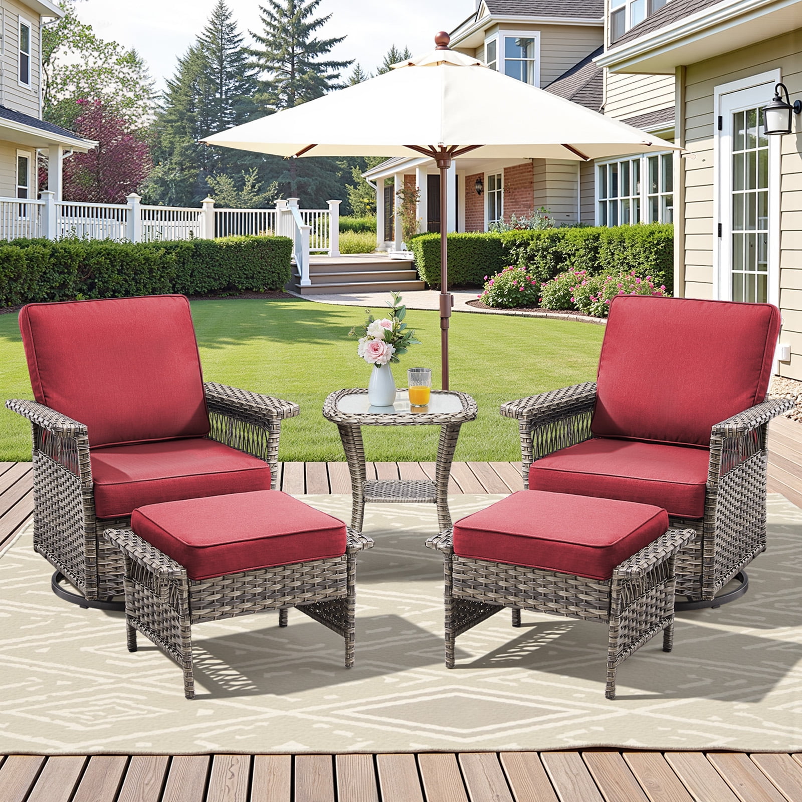 Swpormundo 5pcs Patio Furniture Set 2 Wicker Swivel Glider Chairs 2 PE ...