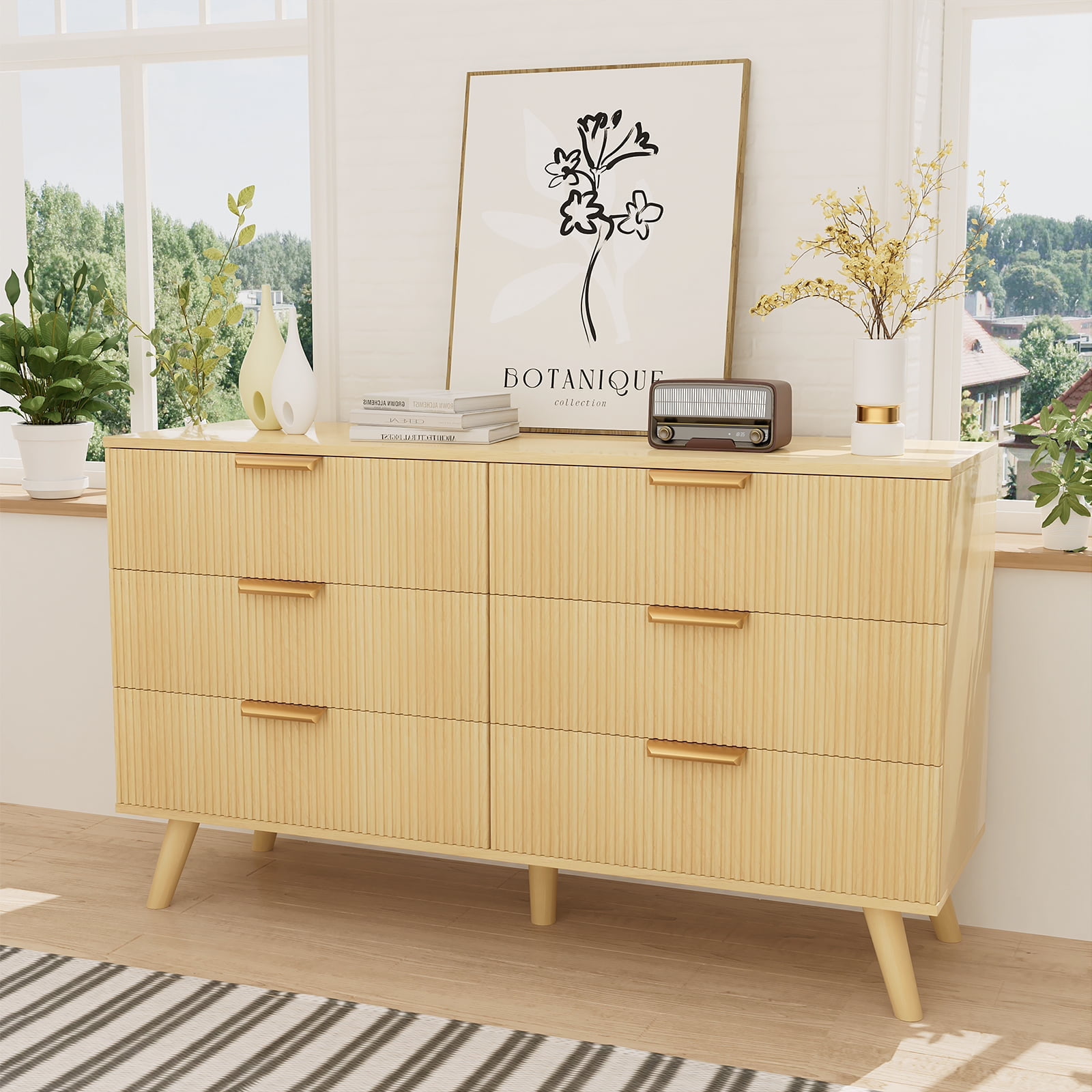 Swpormundo Fluted Dresser 6 Drawer, Wood Dresser for Bedroom Mid ...