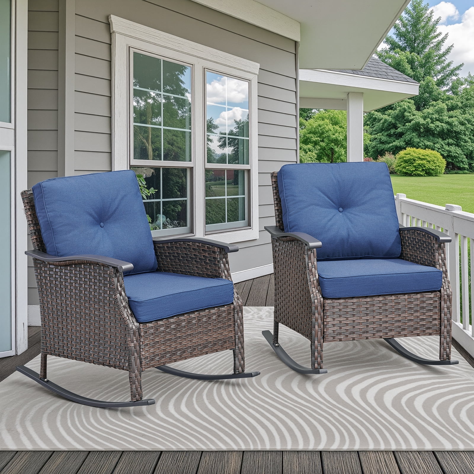 Swpormundo Outdoor Wicker Rocking Chair Set of 2 with Wide Seat, Thick ...