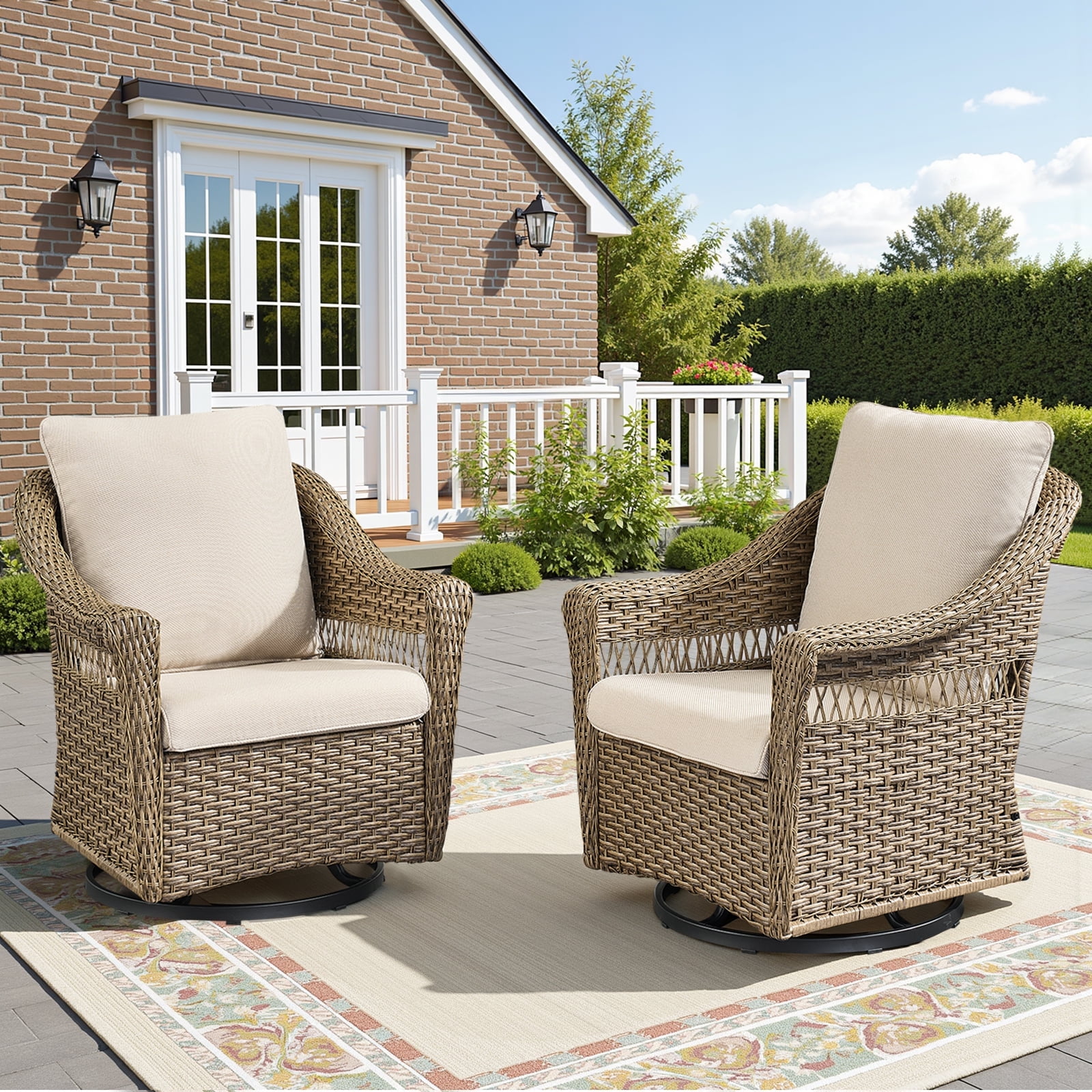 Swpormundo Swivel Patio Chairs Set of 2 with 4" Thick Cushion Wicker ...