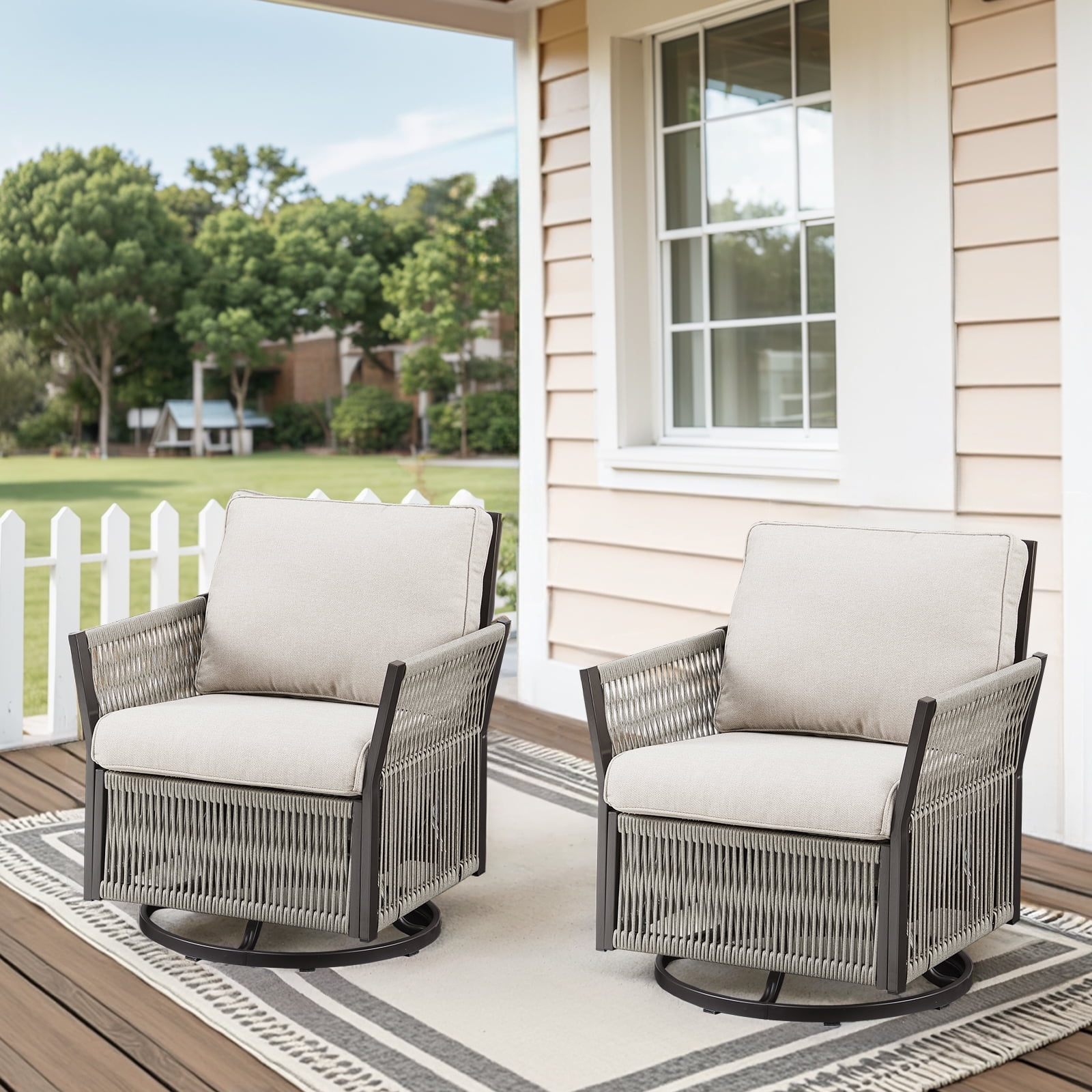 Swpormundo Swivel Patio Chairs Set of 2 with 4" Thick Cushion - Wicker ...