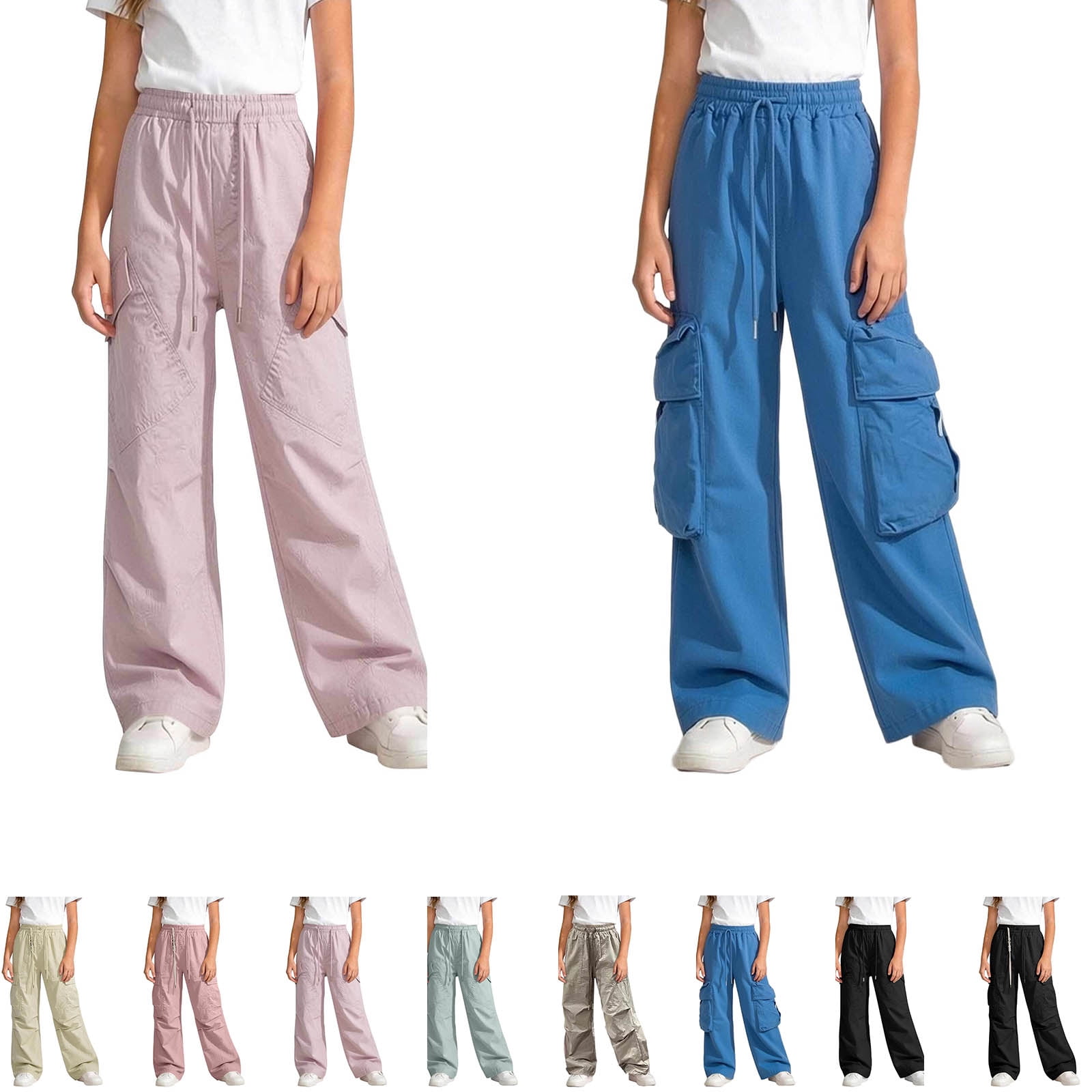 Swuxness Kids Cargo Long Pants Summer Elastic Waist Outdoor Pocket Wide ...