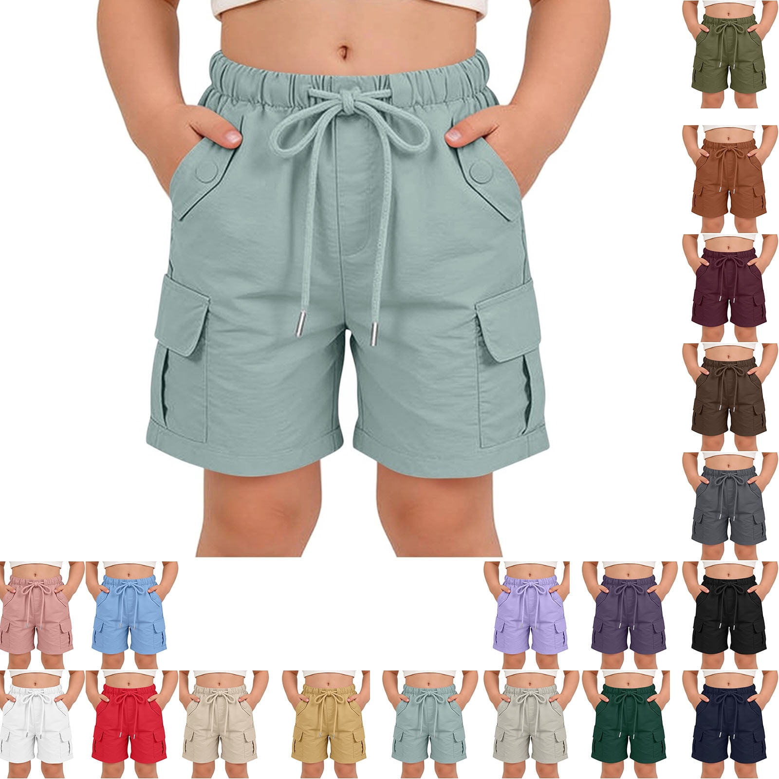 Swuxness Kids Cargo Short Pants Plain Tone Stretch Waist Buckle Pocket ...