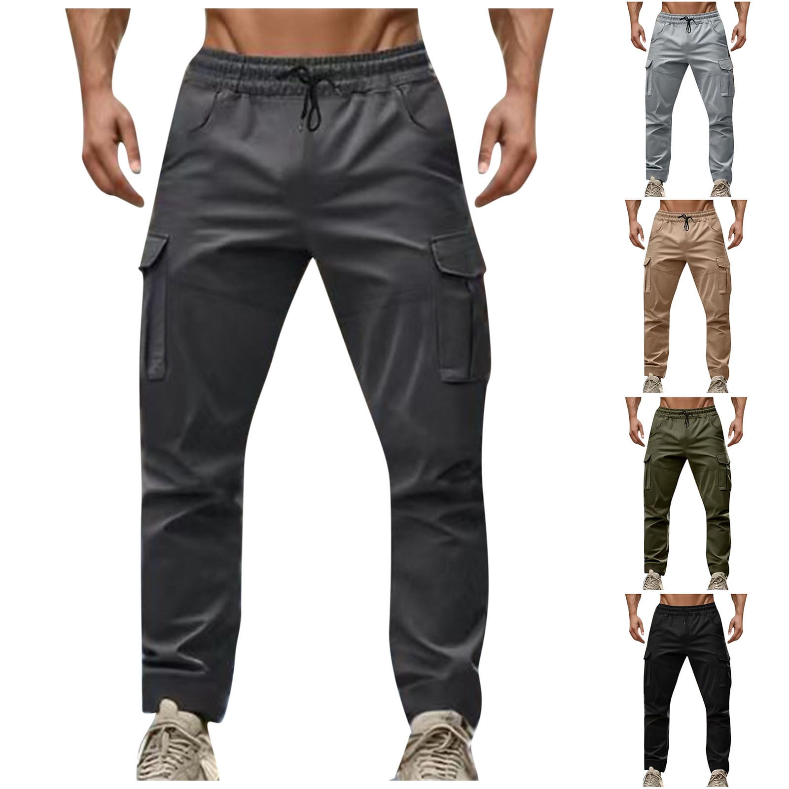 Swuxness Men Cargo Long Pants Solid Color Stylish Drawstring Pocket ...