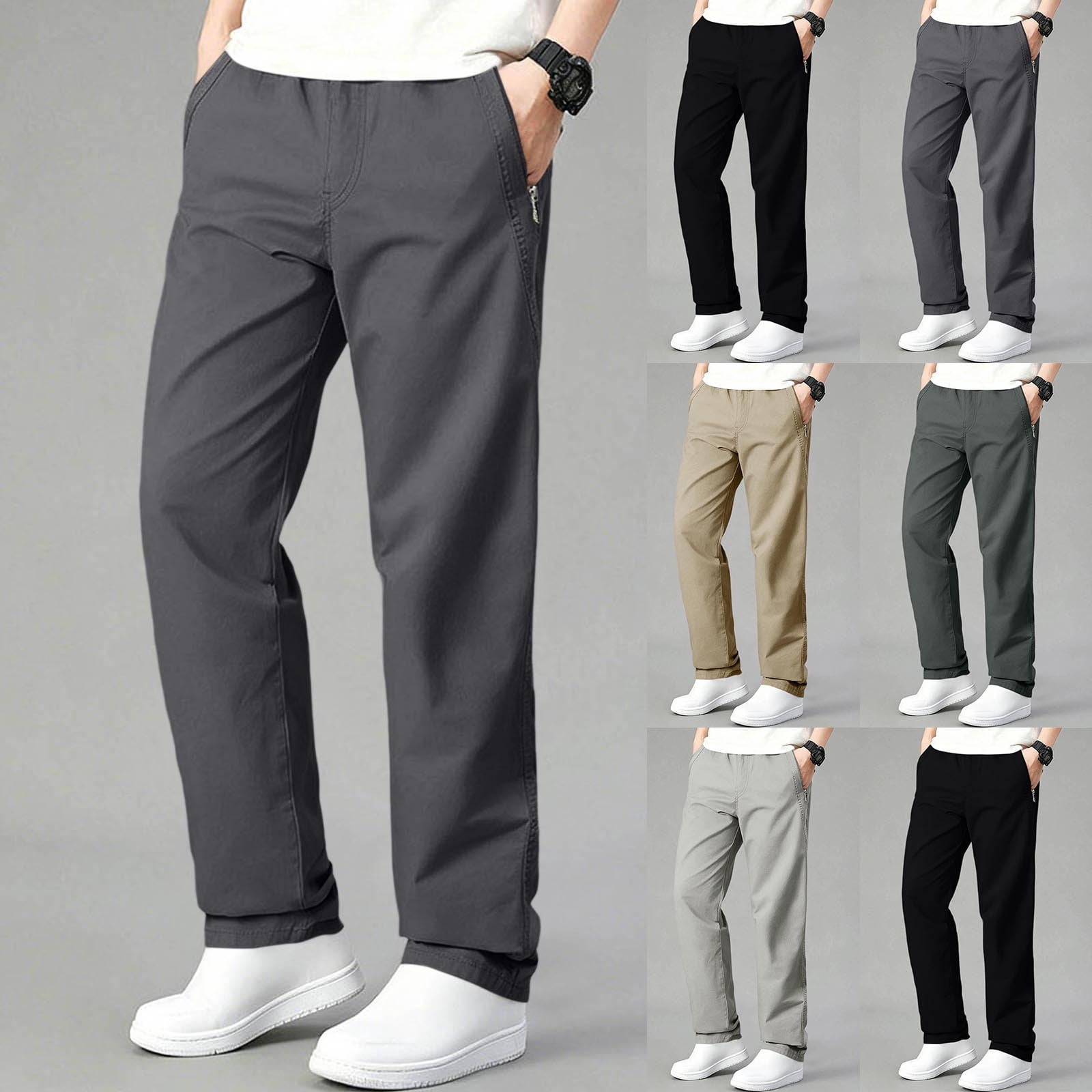 Swuxness Men Casual Straight-Leg Long Pants Zipper Pockets Drawstring ...