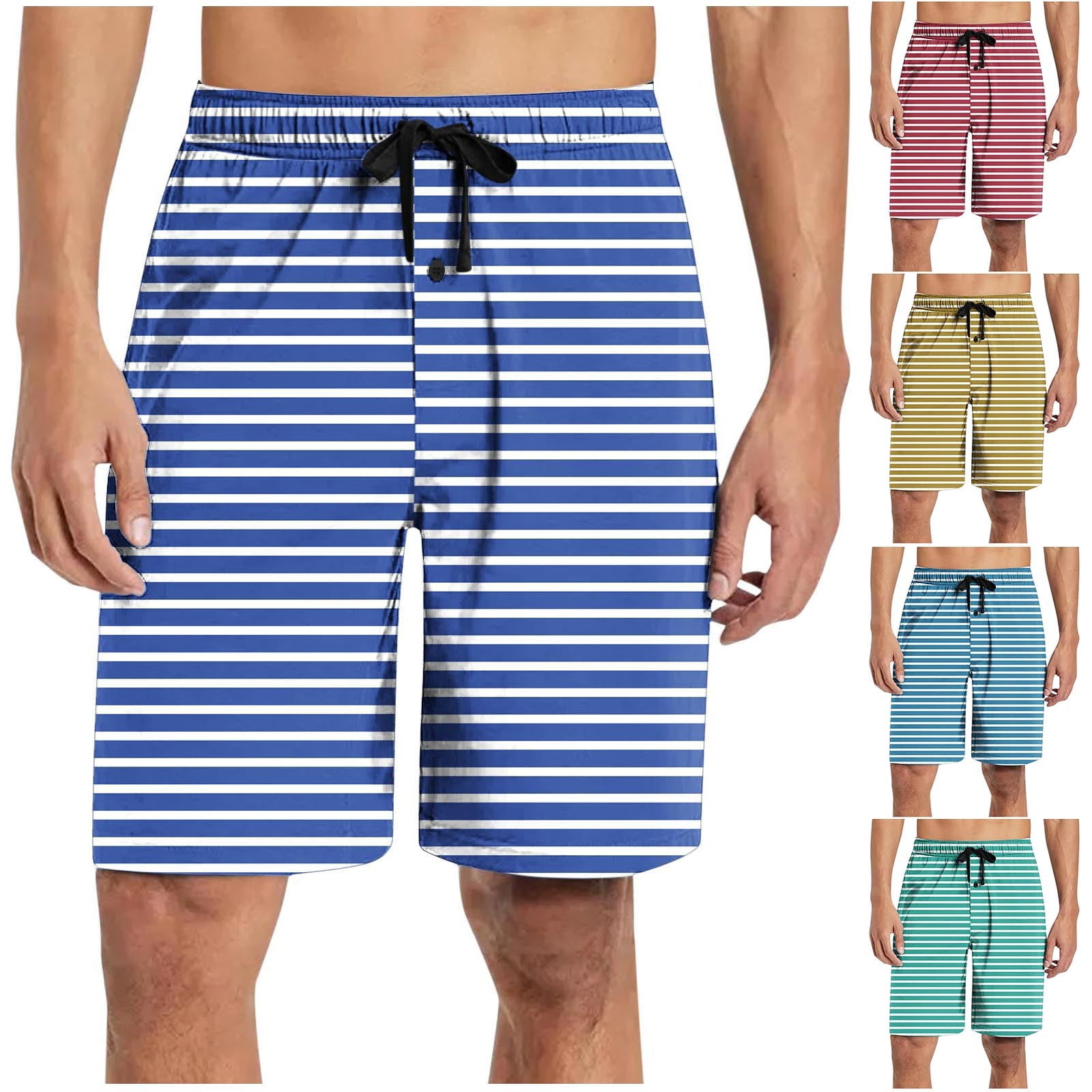 Swuxness Men Homewear Half Shorts Pants Elastic Waist Striped Pocket ...