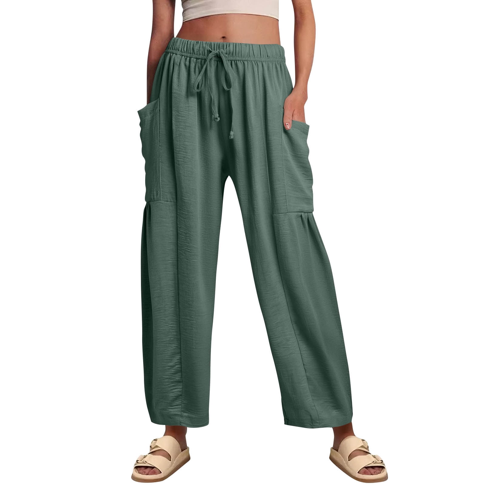 Sxaura Baggy Linen Pants for Women Pleated 2025 Wide Leg Plus Size ...