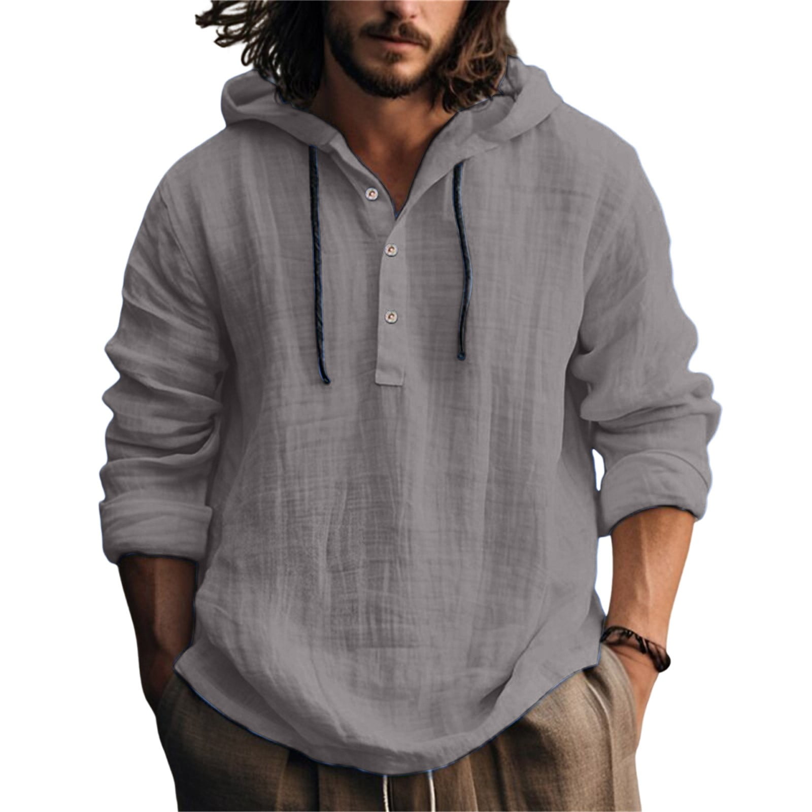 Sxaura Beach Linen Ahirts for Men Trendy Hooded Summer Loose Long ...