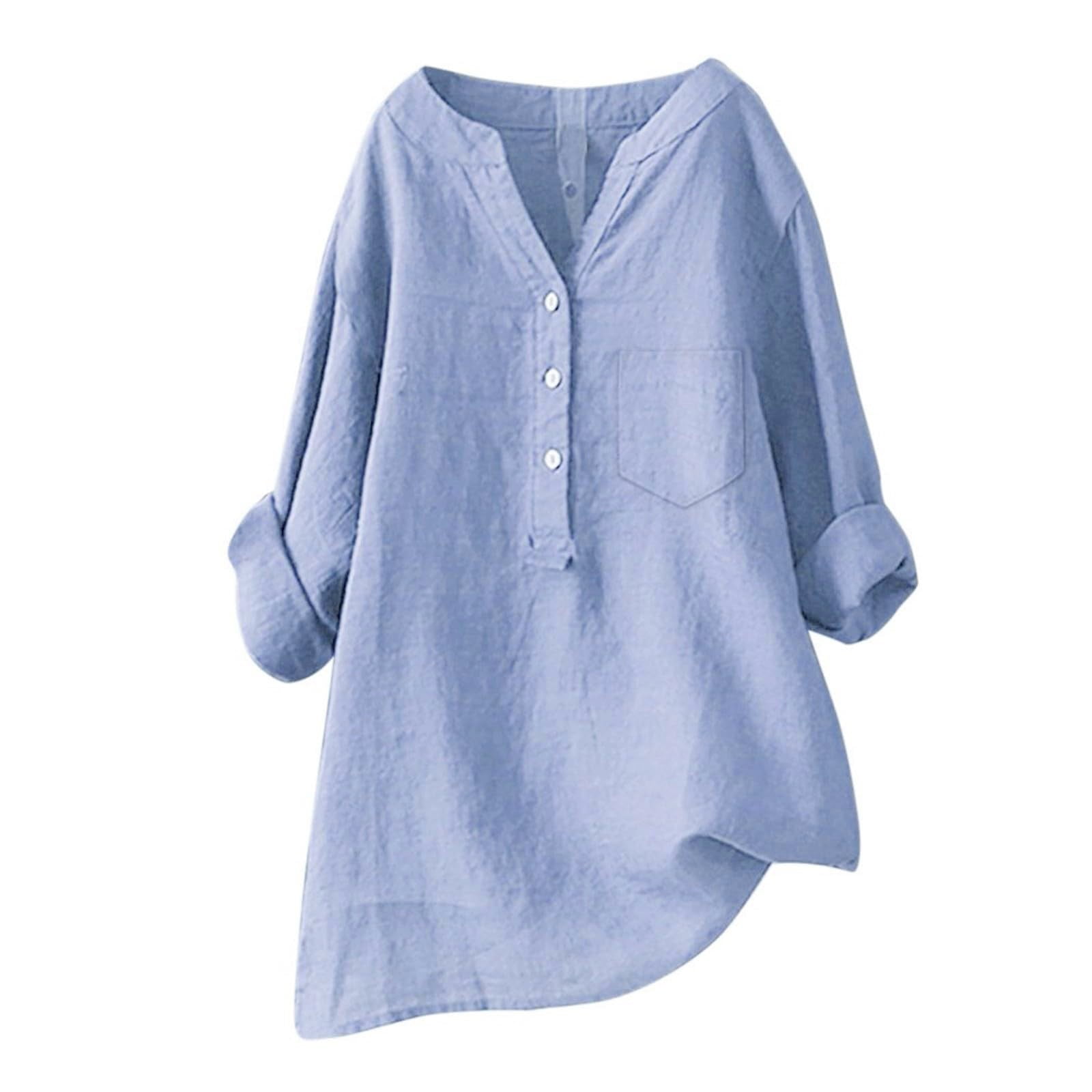 Sxaura Blue Linen Ahirts for Women Long Sleeve Solid Color Basic Long ...