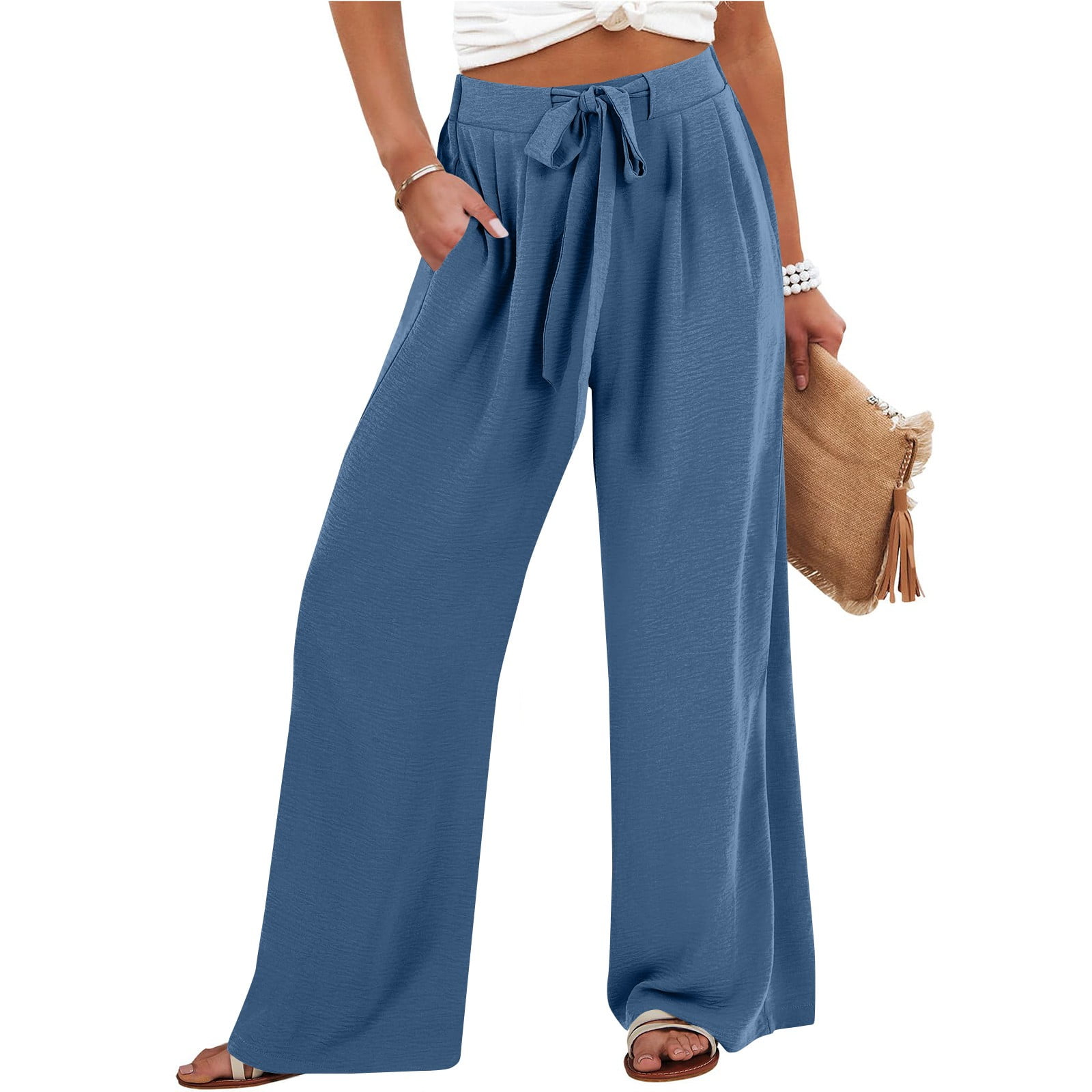 Sxaura Blue Wide Leg Pants for Women Wide Leg High Waisted Loose Flowy ...