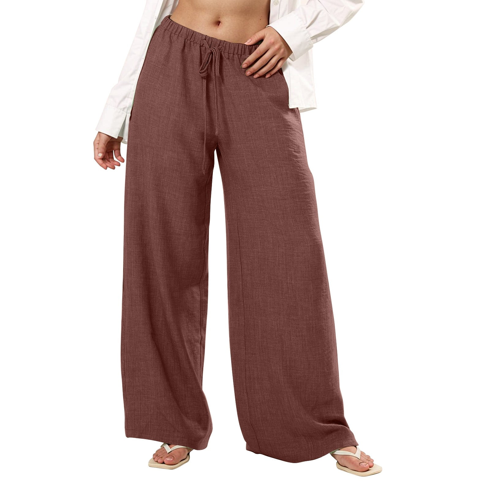 Sxaura Brown Linen Pants for Women Trendy Summer Flowy Beach 2025 Wide ...