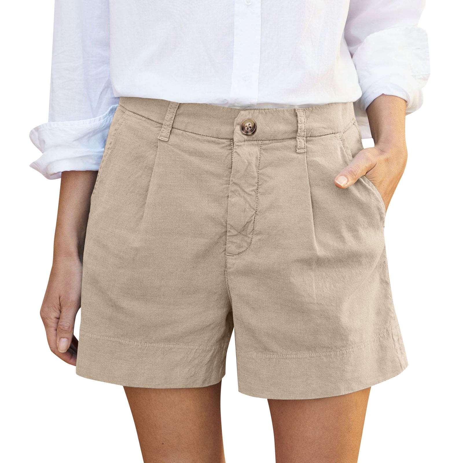 Sxaura Cotton Linen Bermuda Shorts for Women Slim Fit Button Down 2025 ...