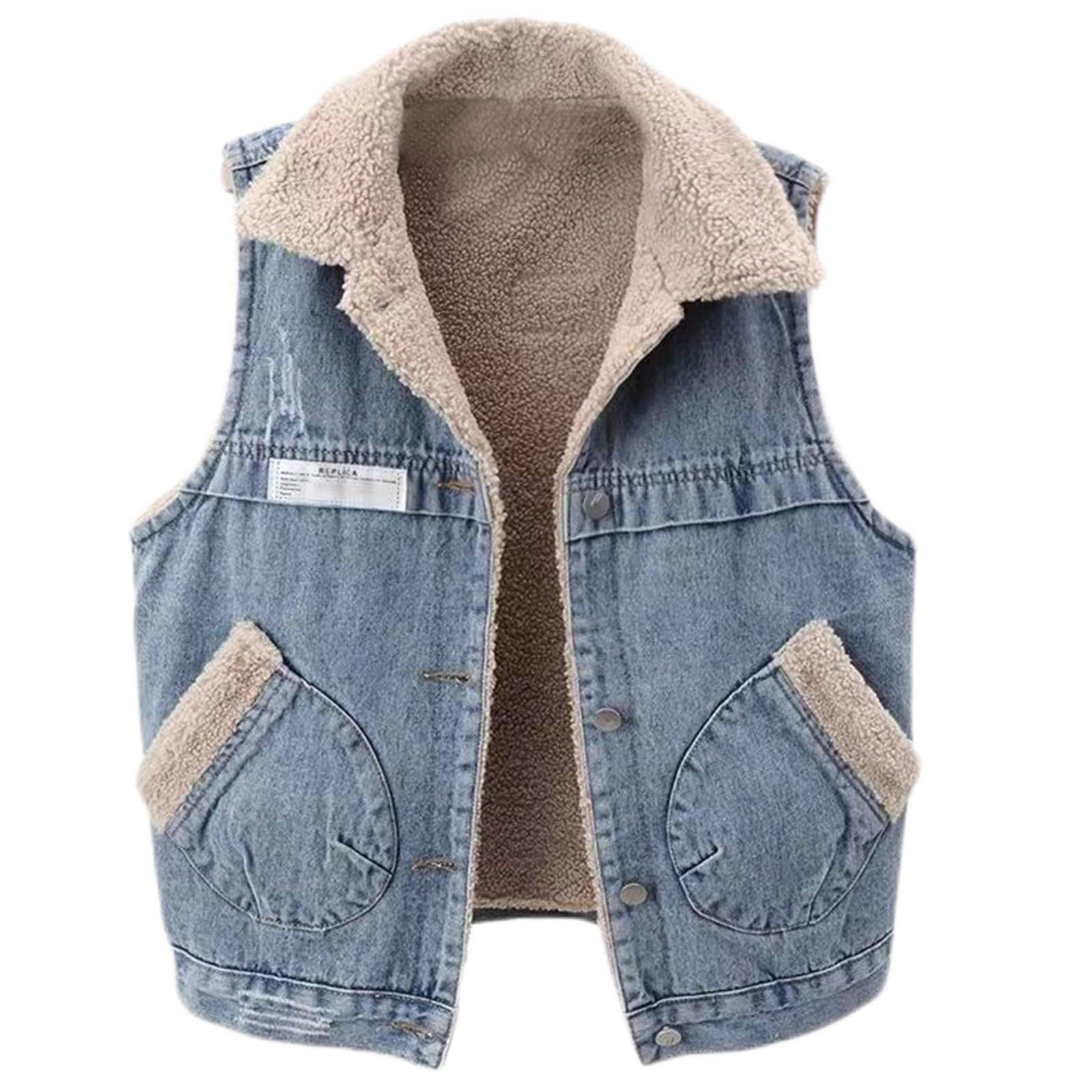 Sxaura Denim Vest Jackets for Women Blue Heavyweight Fuzzy Thermal Warm ...