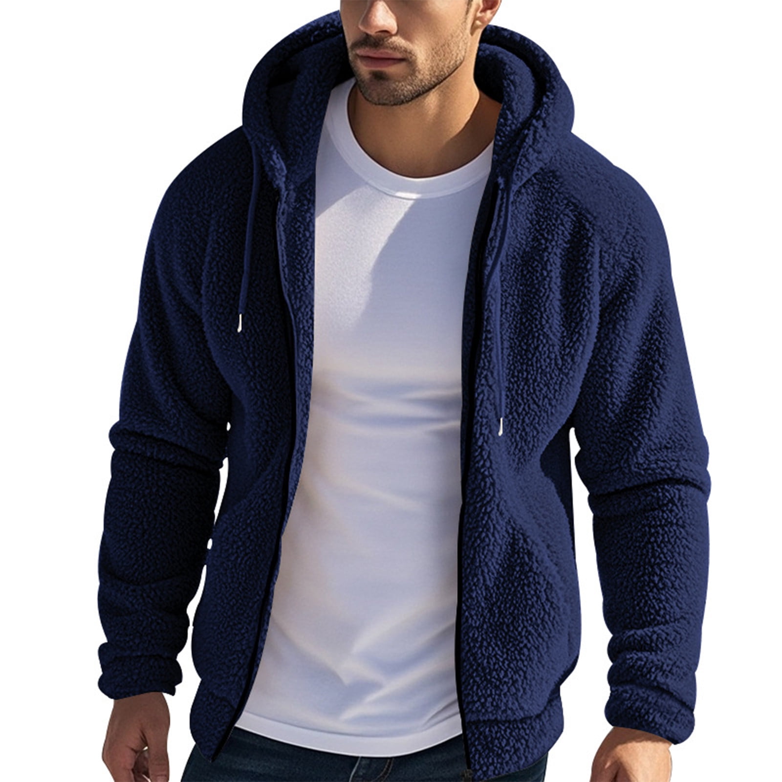 Sxaura Faux Fur Fleece Hoodies for Men Trendy Blue Long Hooded Zip up ...