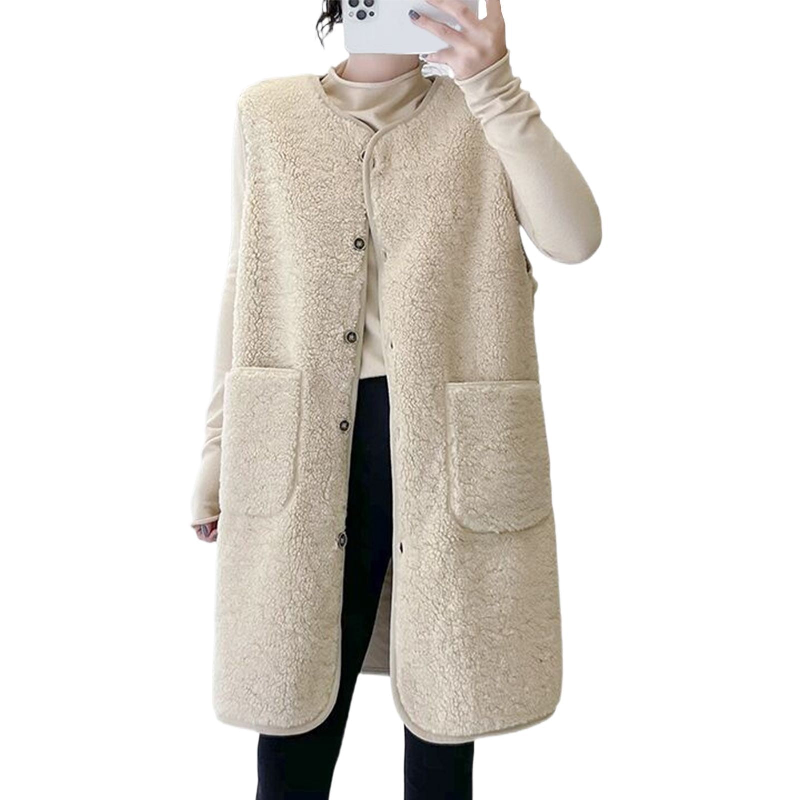 Sxaura Fleece Sherpa Vest Jackets for Women Beige Fuzzy Wool Sherpa Cap ...