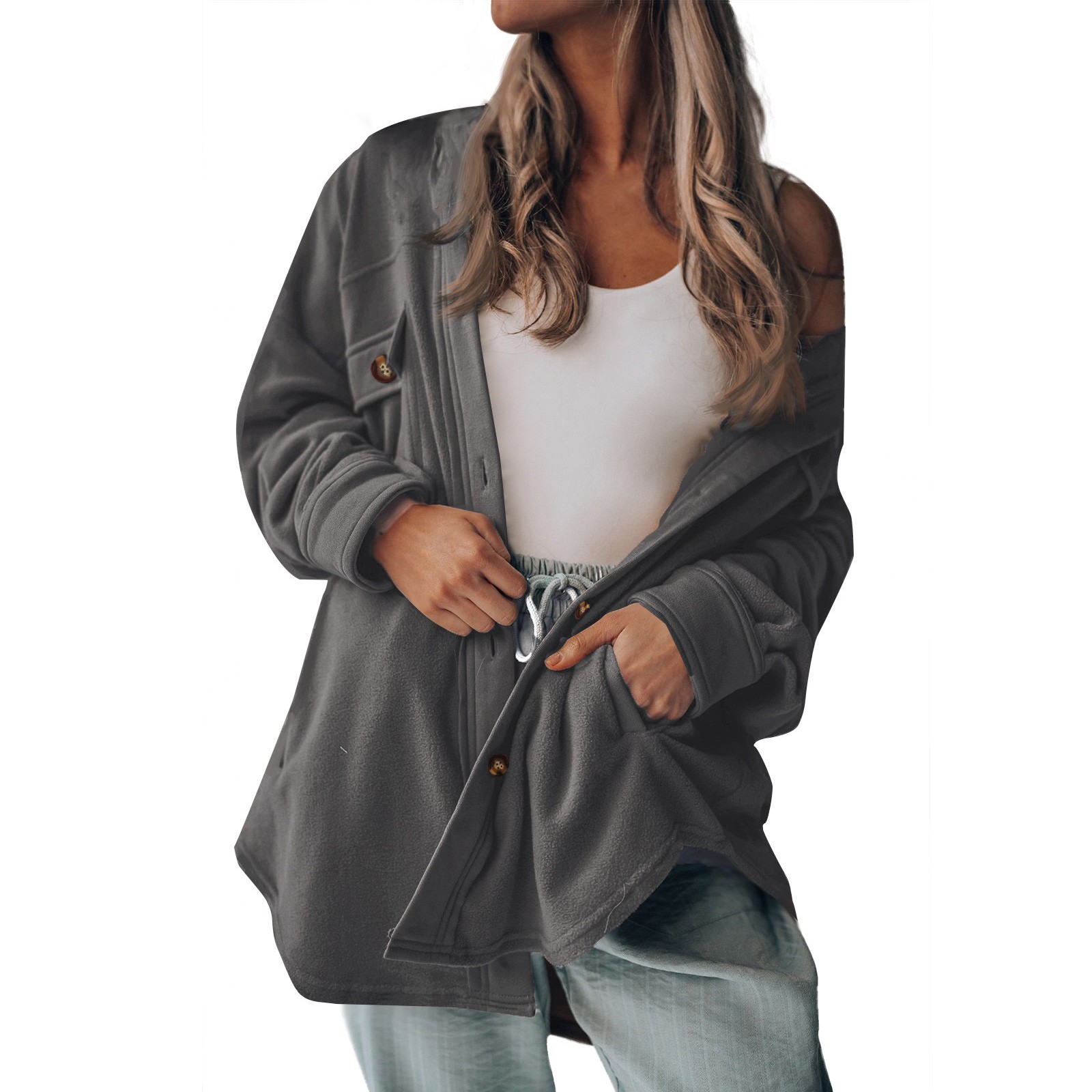 Sxaura Fleece Wool Jackets for Women Gray Trendy Wool Sherpa Coats Long ...