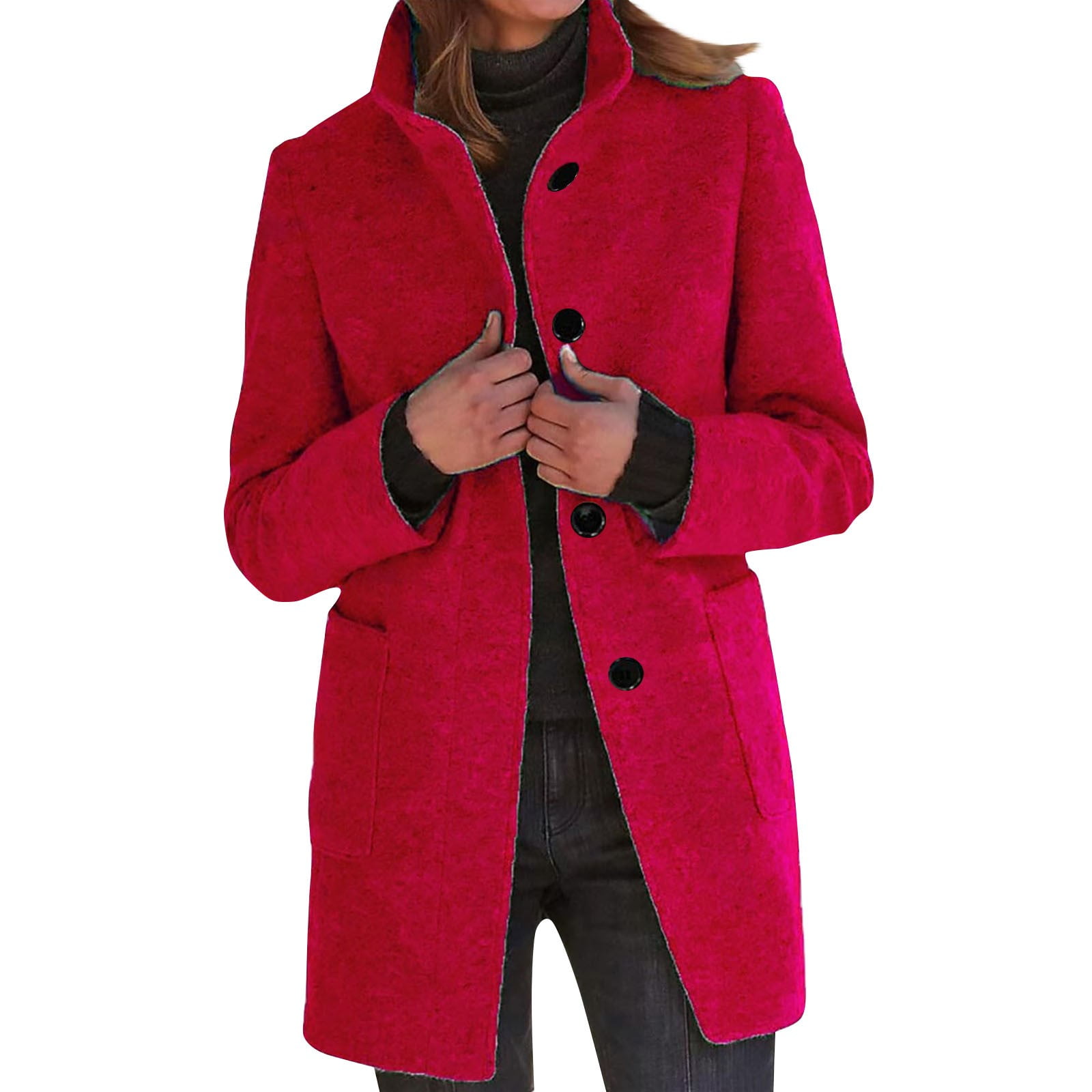 Sxaura Fleece Wool Trench Coat for Women Trendy Red Basic Long Button ...