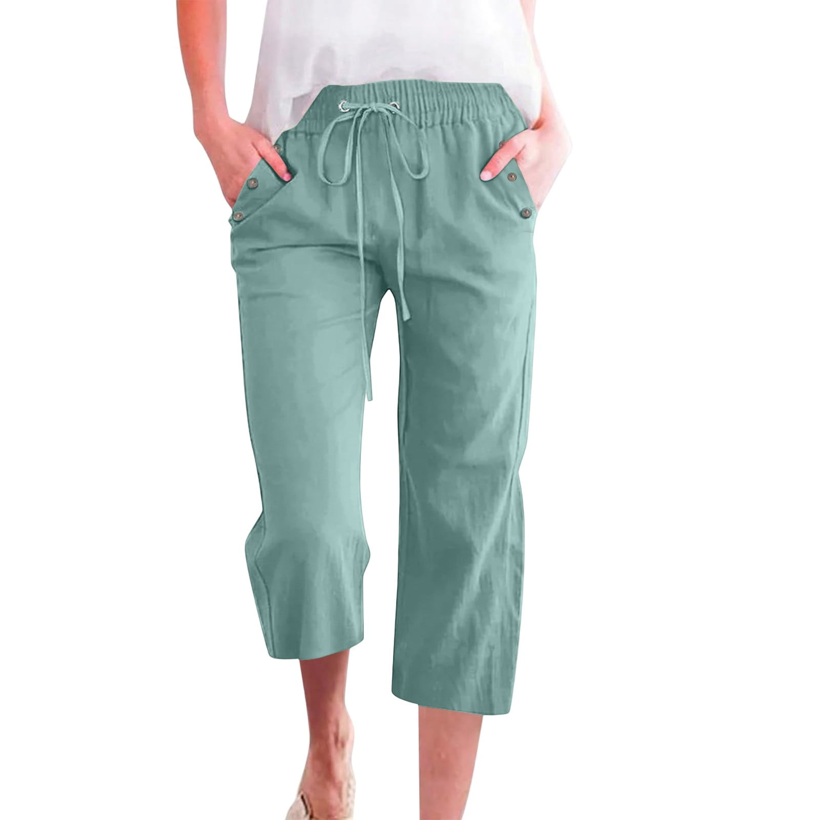 Sxaura Green Linen Capri Pants for Women Basic Solid Color Loose Lace ...