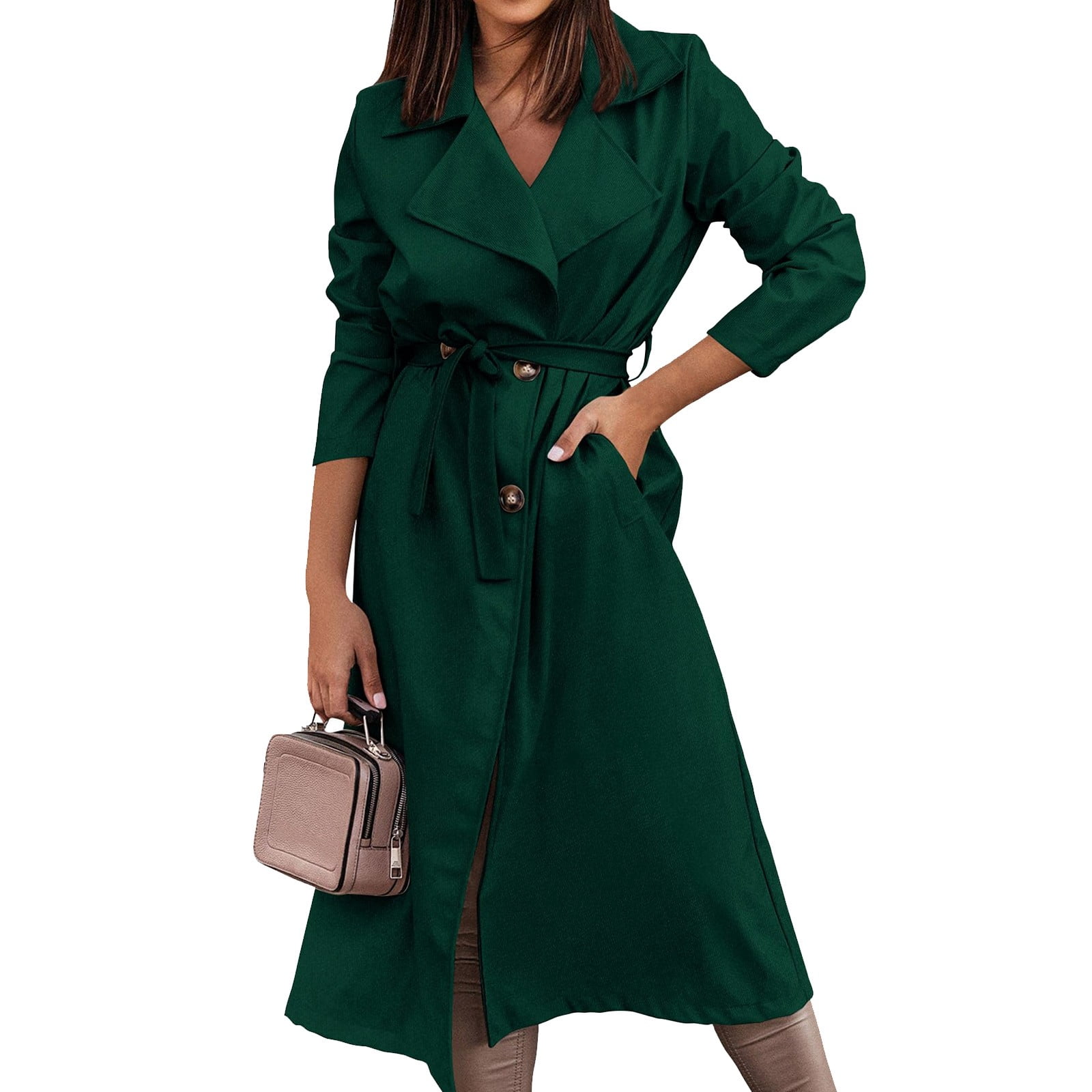 Sxaura Green Ribbed Trench Coat for Women Trendy 2025 Windbreaker Solid ...