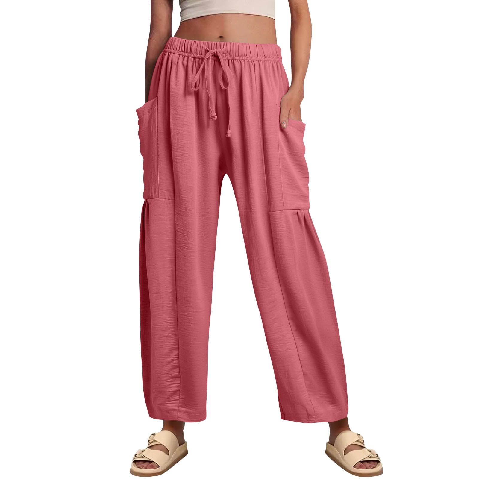 Sxaura Linen Pants for Women Baggy Summer Pleated Compression Wide Leg 2025 Plus Size High ...