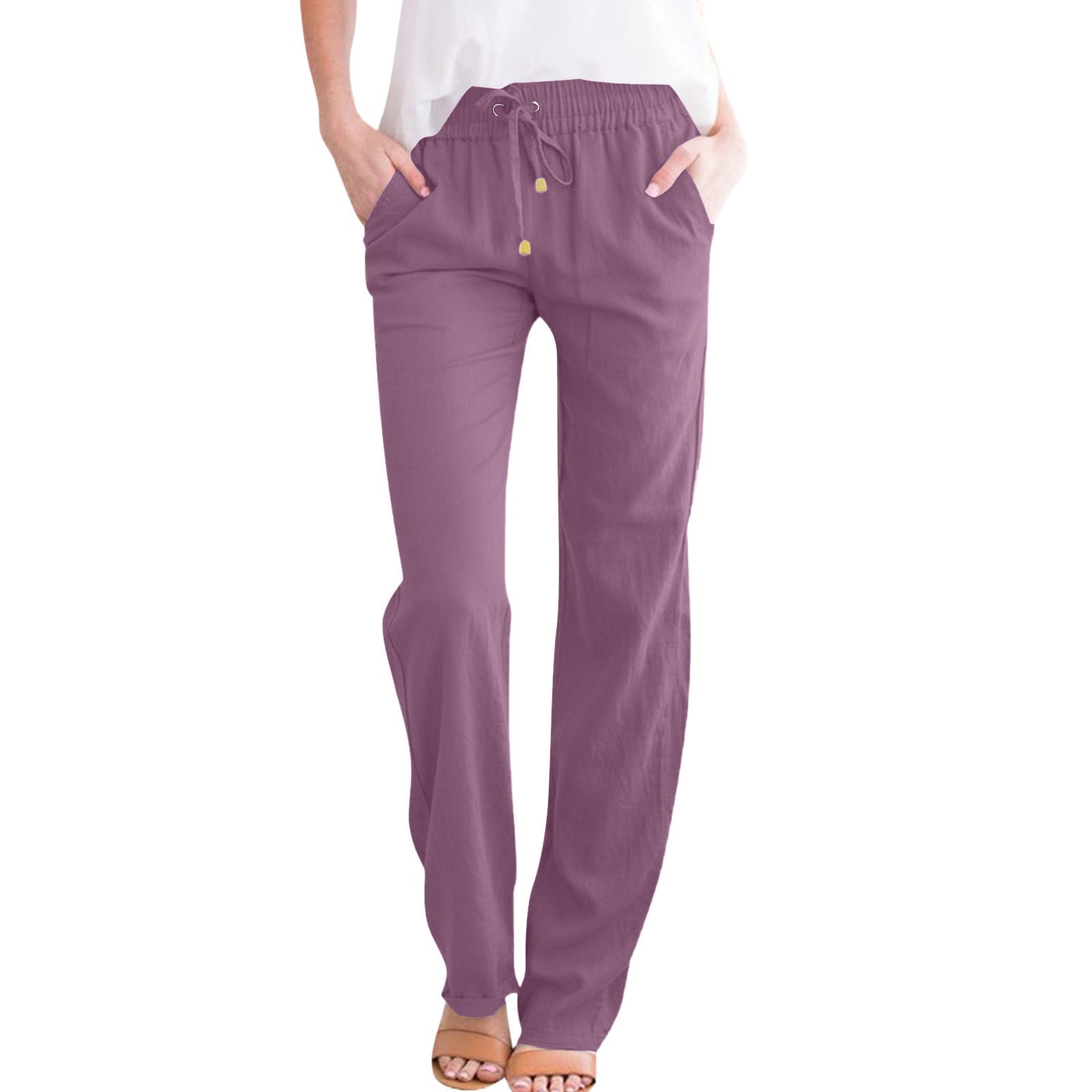 Sxaura Linen Pants for Women Solid Color 2025 Loose Basic Straight Leg ...