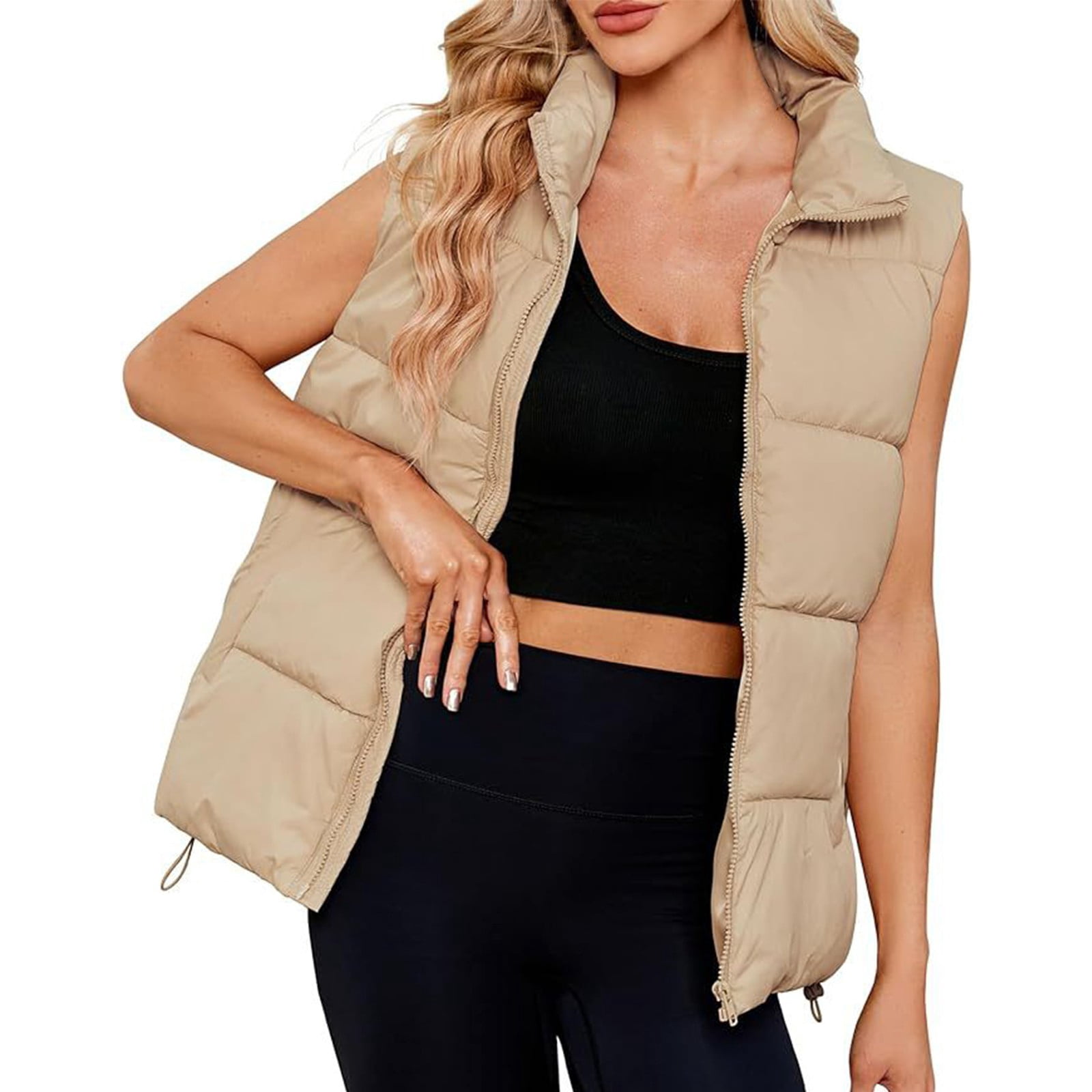Sxaura Puffer Vest for Women Trendy Beige Sleeveless Thermal Warm ...