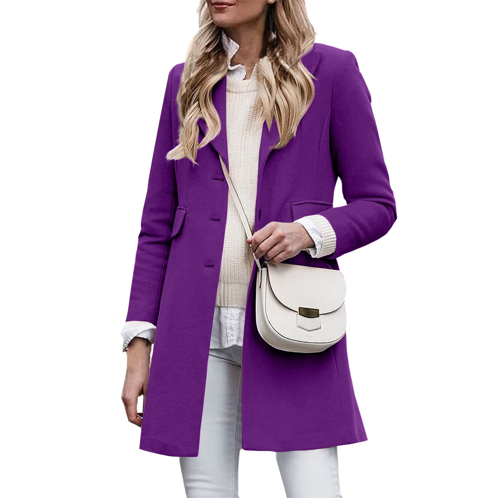 Sxaura Purple Fleece Wool Trench Coat for Women Trendy Button Down Wool ...