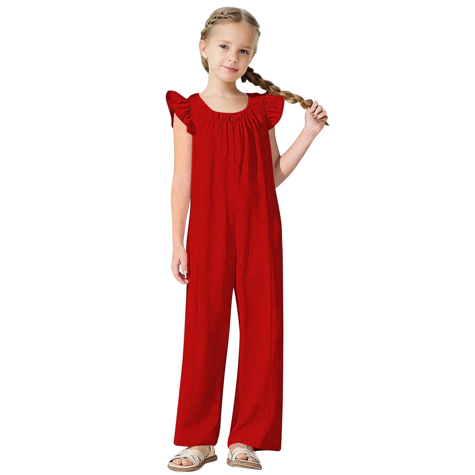 Sxaura Red Jumpsuits for Little Girl Solid Color Pleated Basic Wide Leg ...