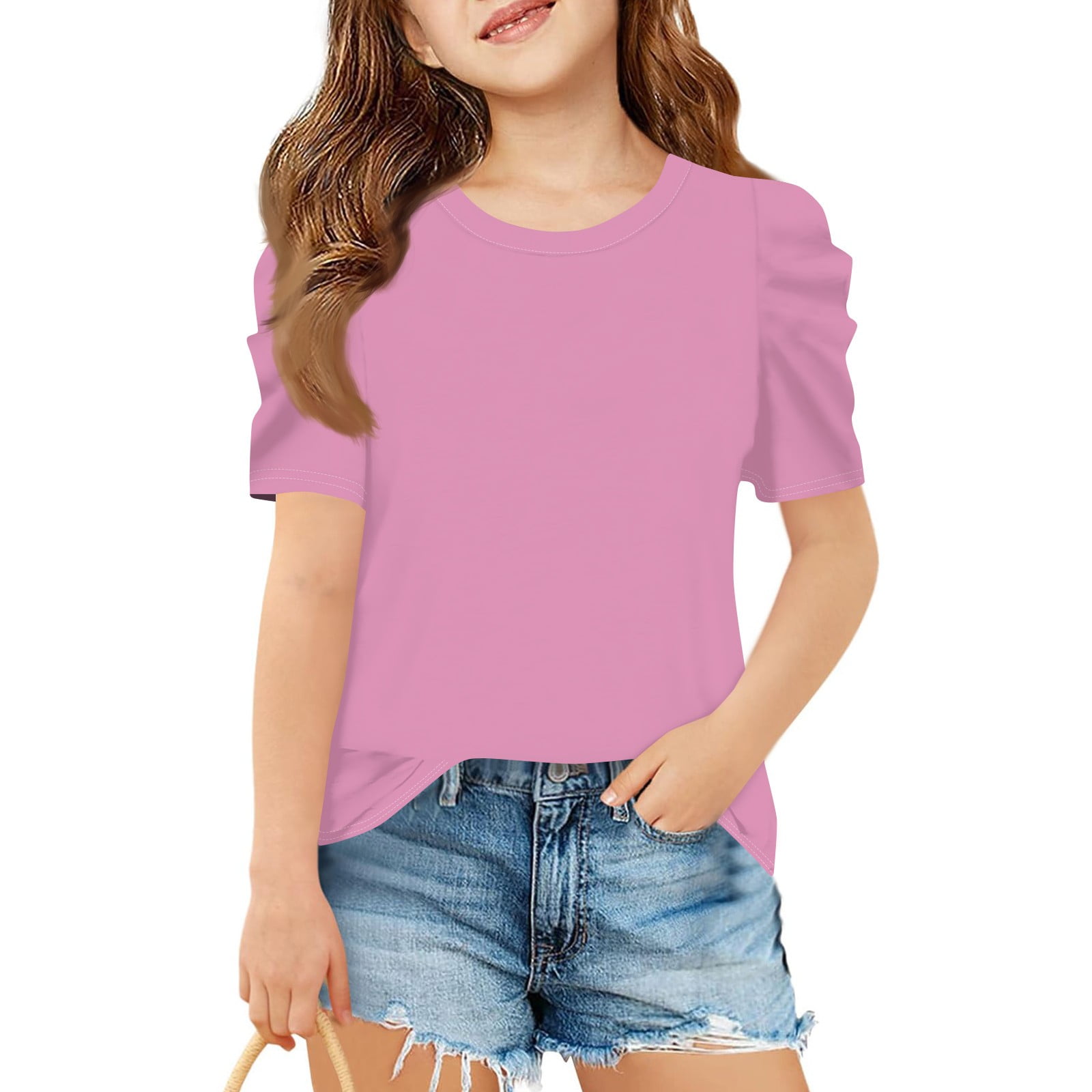 Sxaura Summer Shirts for Little Girl Short Sleeve Basic Solid Color ...